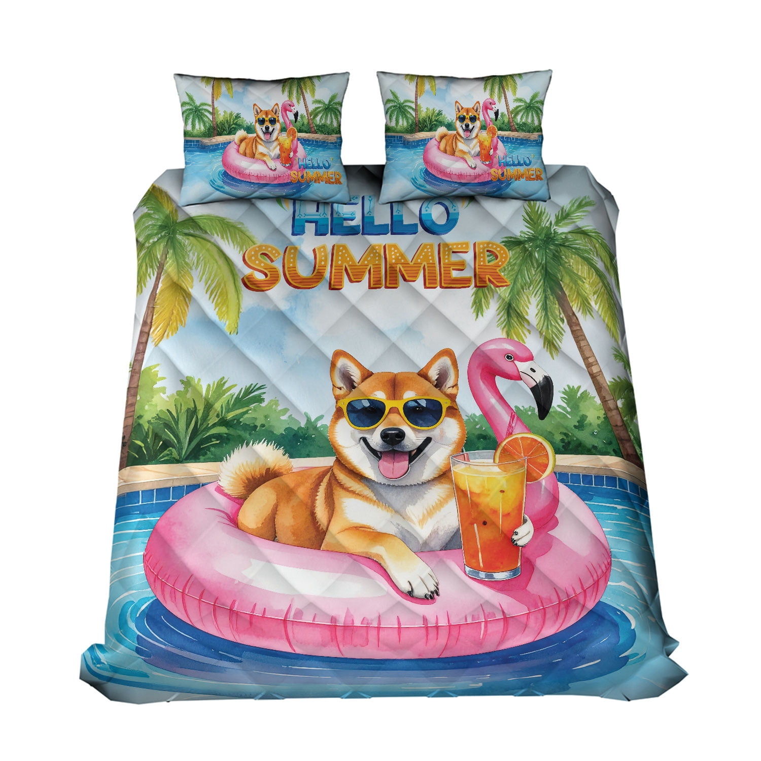 Hello Summer Shiba Inu at Swimming Pool Flamingo Swim Ring Quilt ...