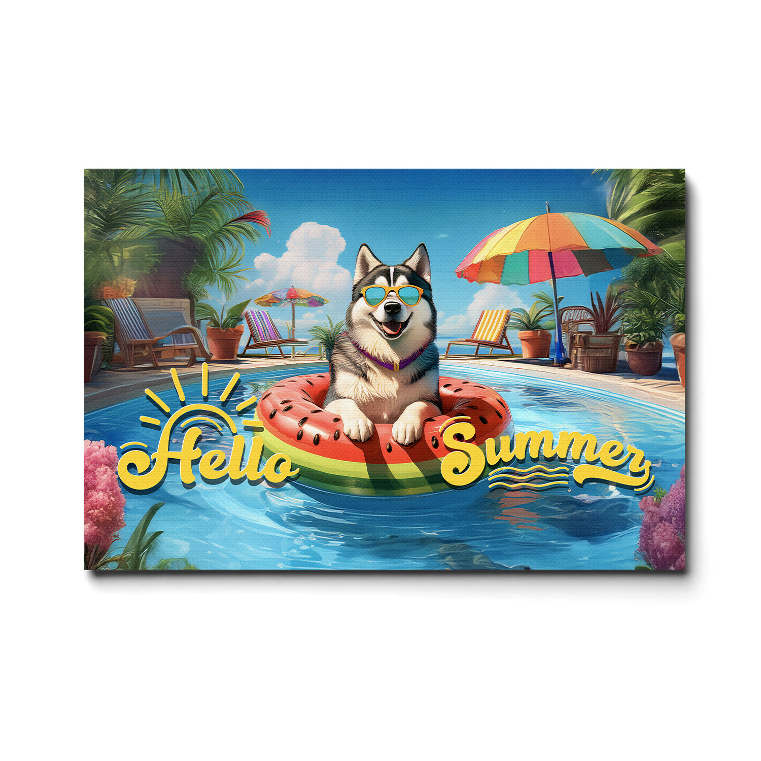 Hello Summer Siberian Husky Pool Day on Watermelon Float Horizontal ...