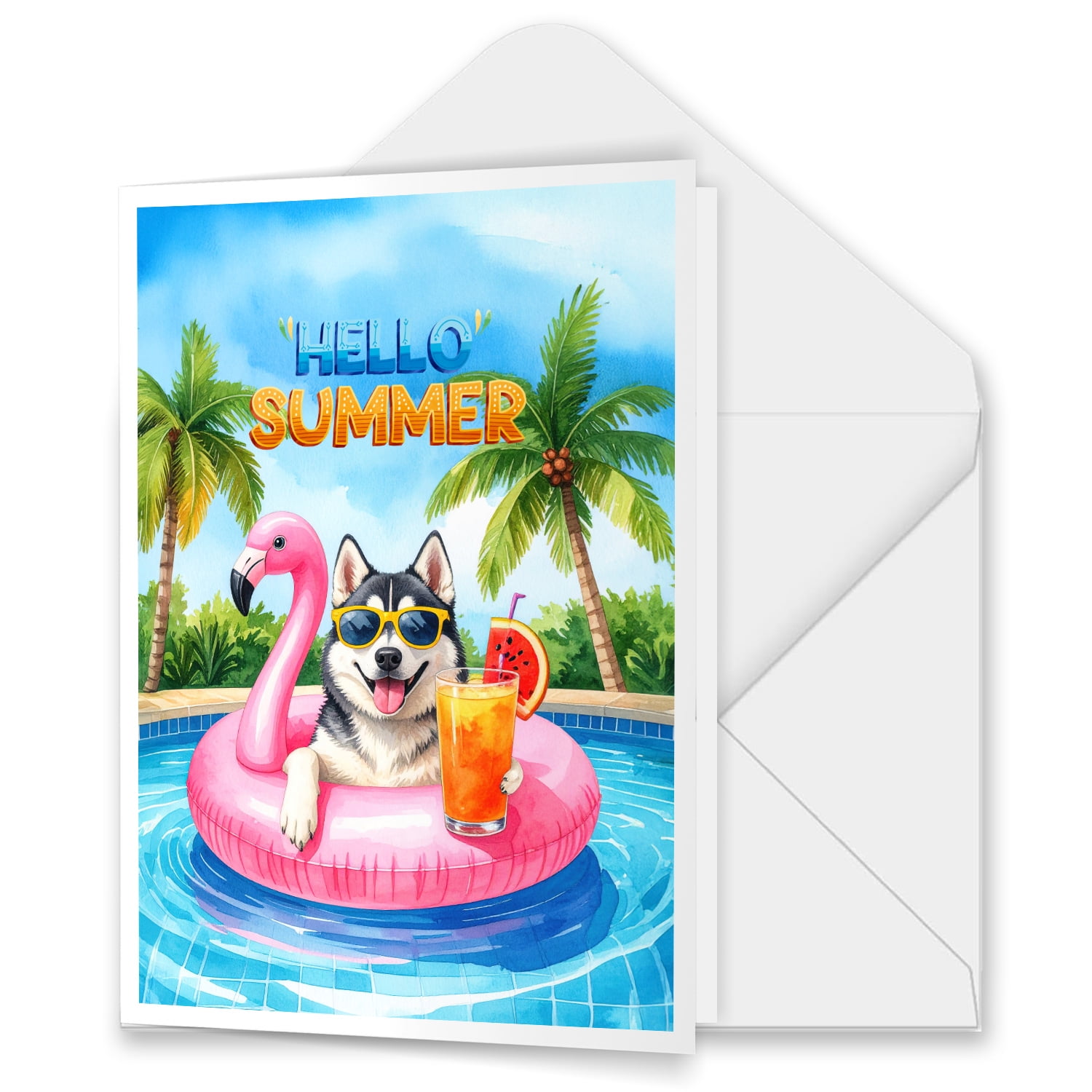 Hello Summer Siberian Husky at Swimming Pool Flamingo Swim Ring 5x7in ...