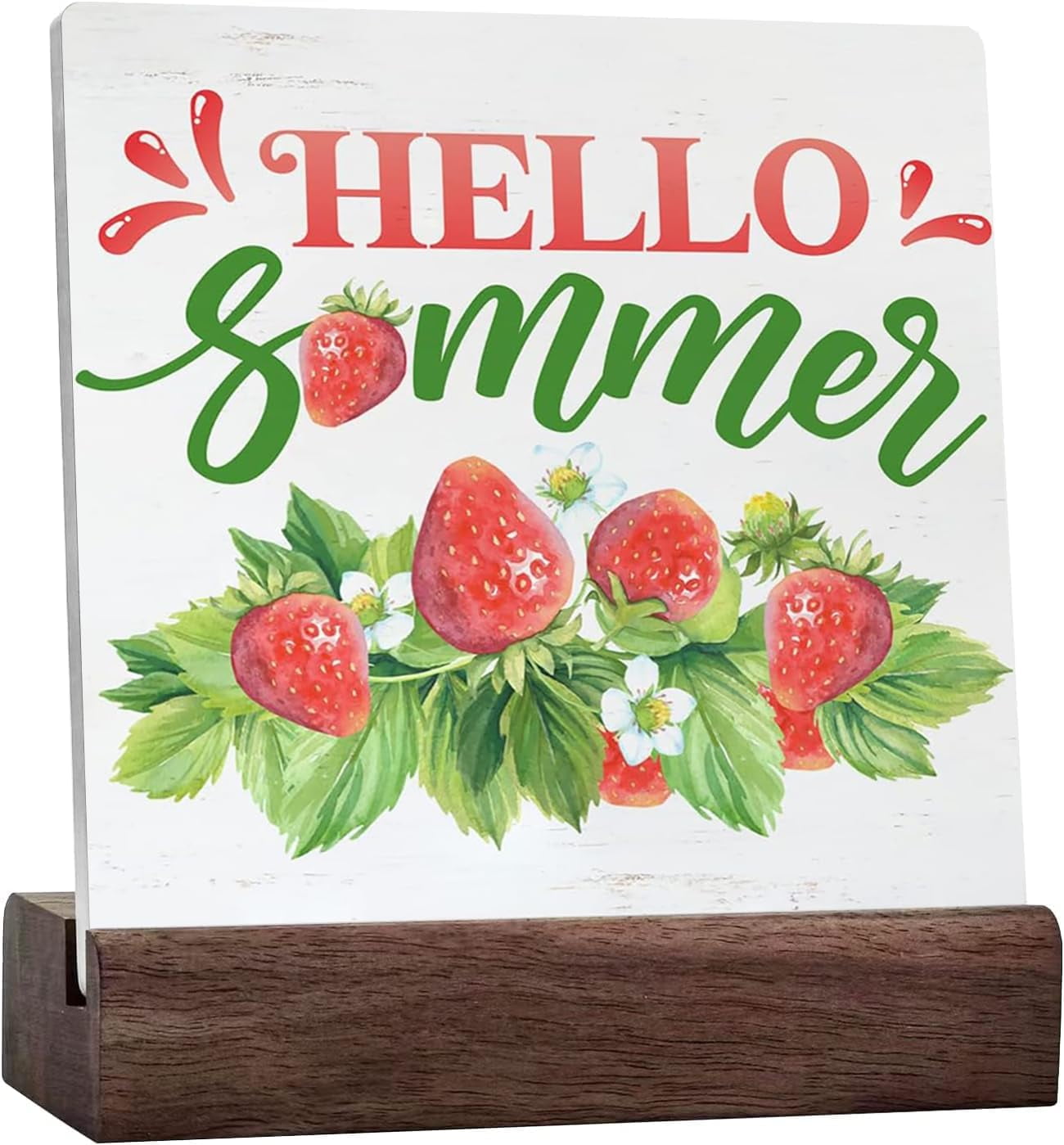Hello Summer Strawberry Ceramic Table Sign Wood Block Tabletop Sign ...
