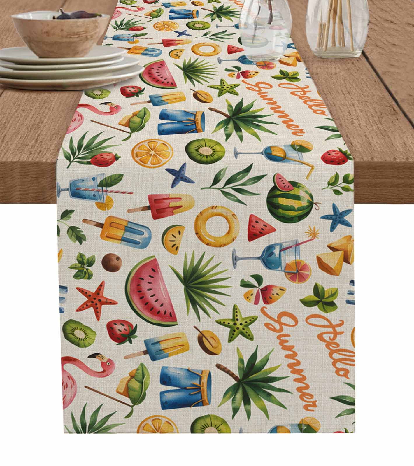 Hello Summer Table Runner 72 Inches, Tropical Flamingo Coconut Tree ...