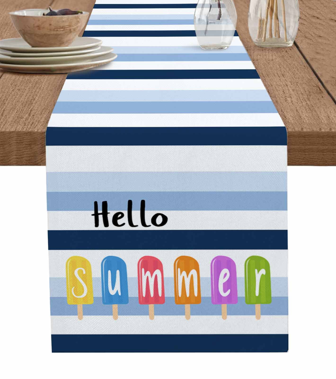 Hello Summer Table Runner 72 Inches, Watercolor Blue Striped Colorful ...