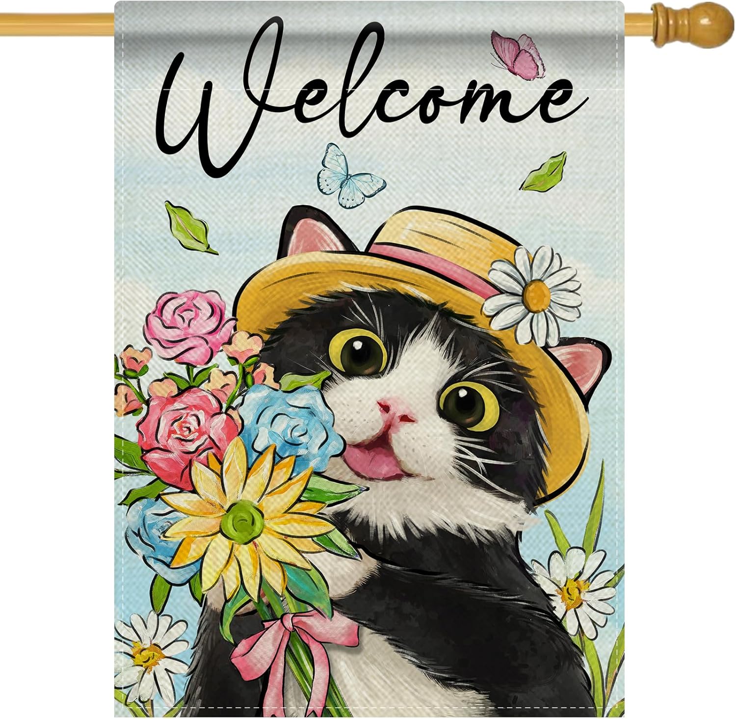 Hello Summer Tuxedo Cat Sunflower Decorative Garden Flag, Pet Floral ...