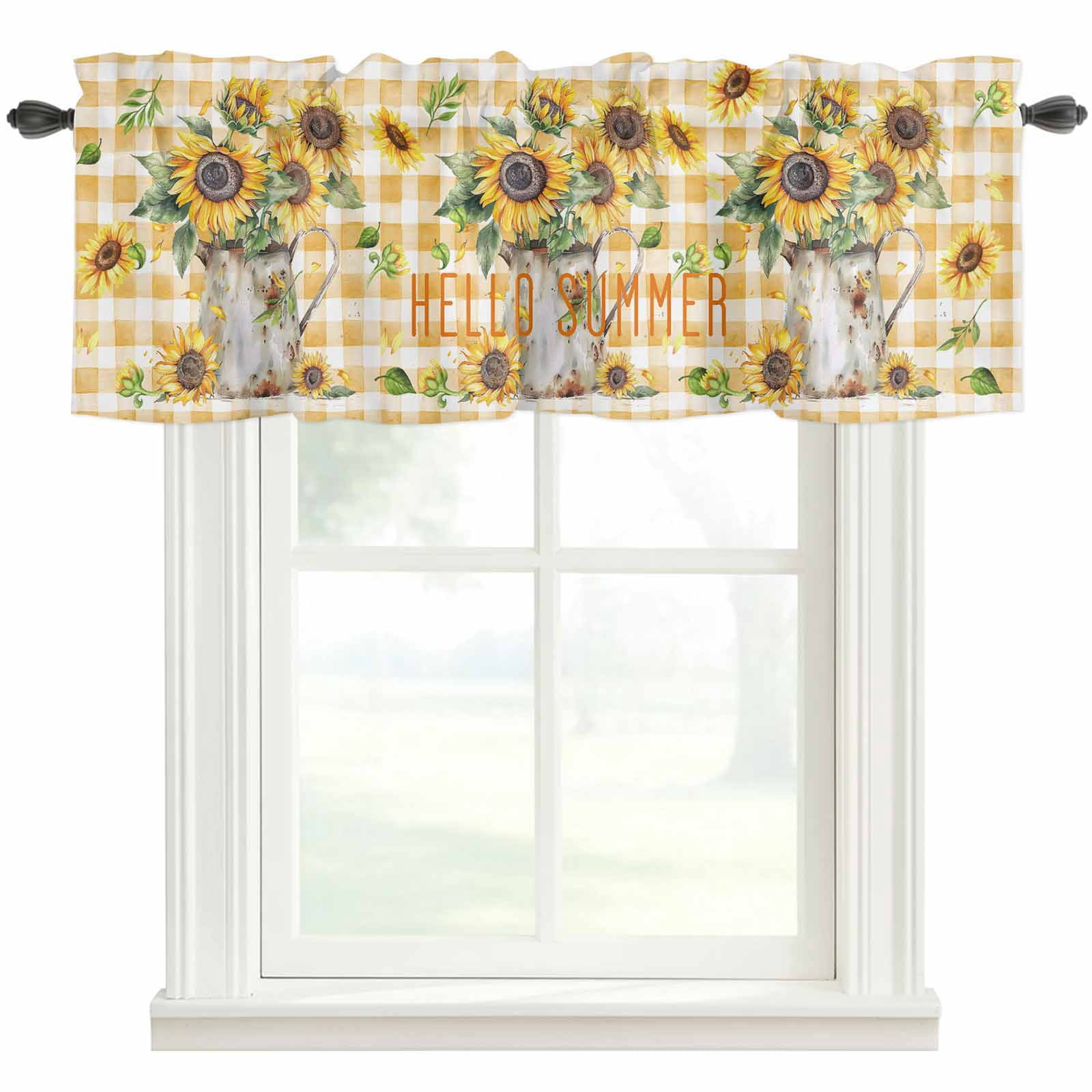 Hello Summer Valances for Windows Watercolor Sunflowers Yellow Plaid ...