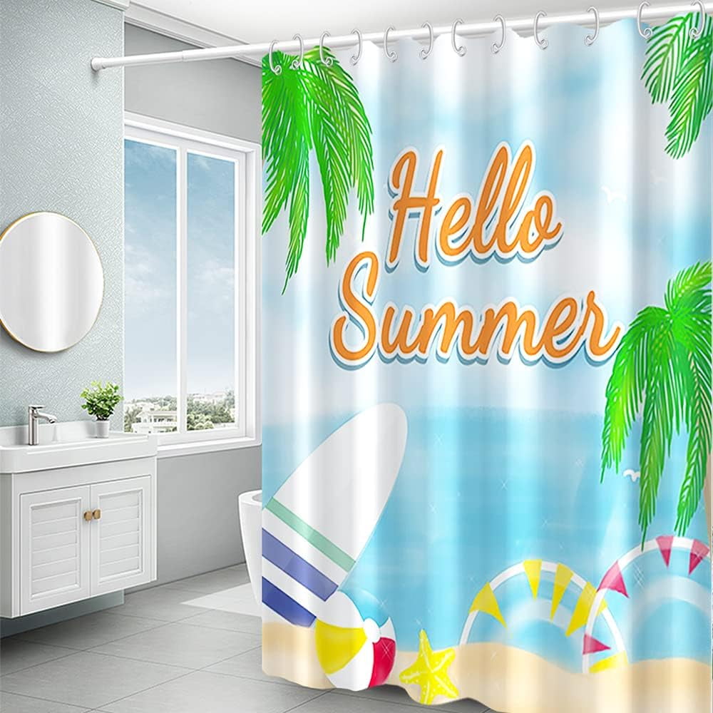 Hello Summer Vocation Green Palm Leaves Shower Curtain Blue Sky Sea ...