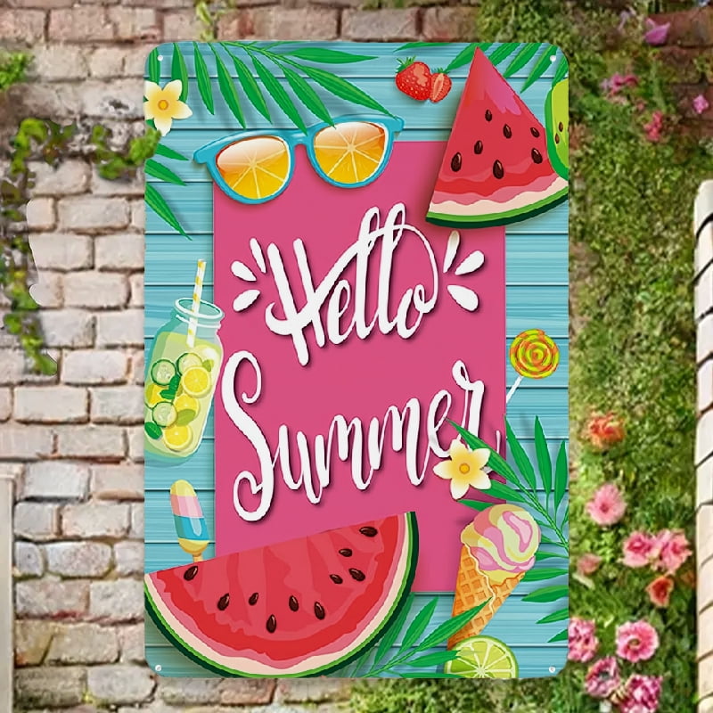 Hello Summer Watermelon Metal Sign for Outside 12x8 Summer Tropical ...