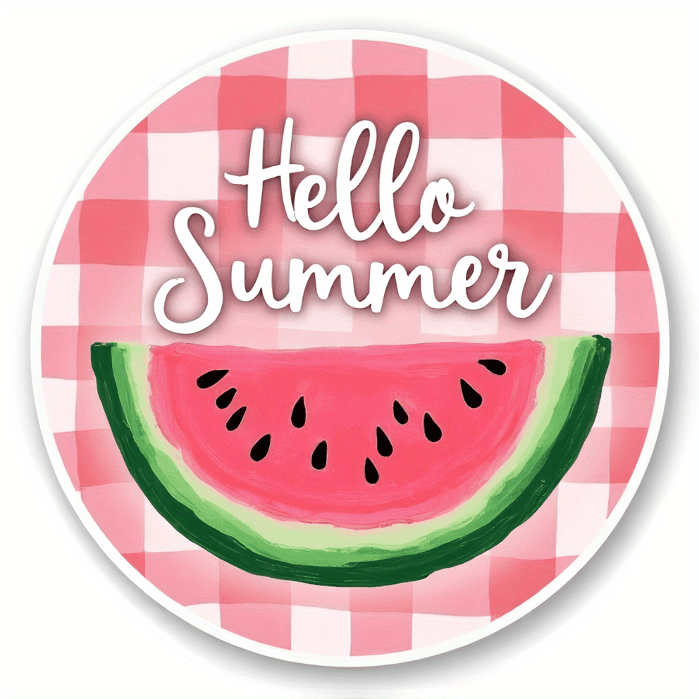 Hello Summer Watermelon Round Wooden Sign 12Inch Red Buffalo Check ...