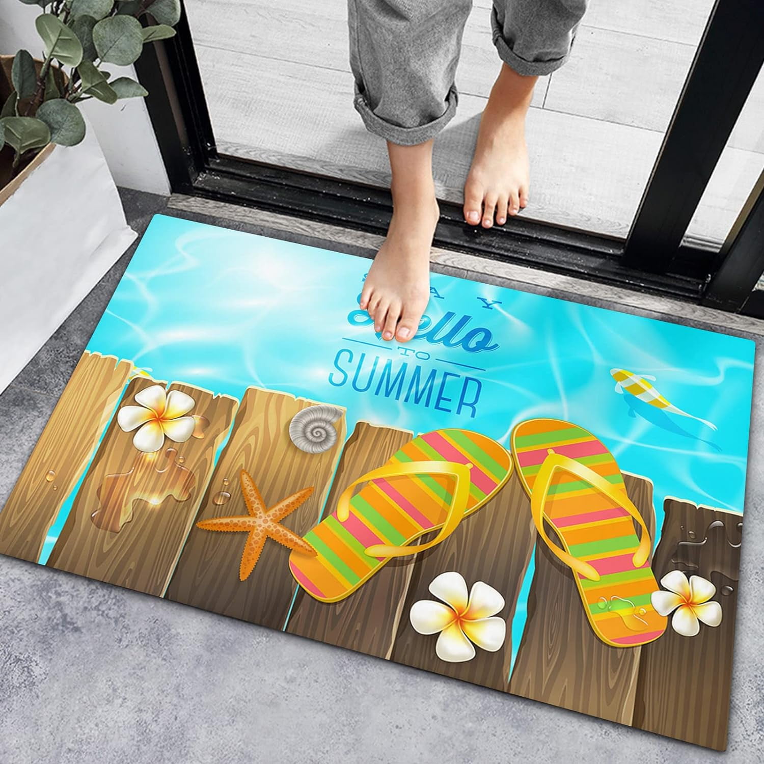 Hello Summer Welcome Mat for Front Door Outdoor Entry Flip Flops Pier ...