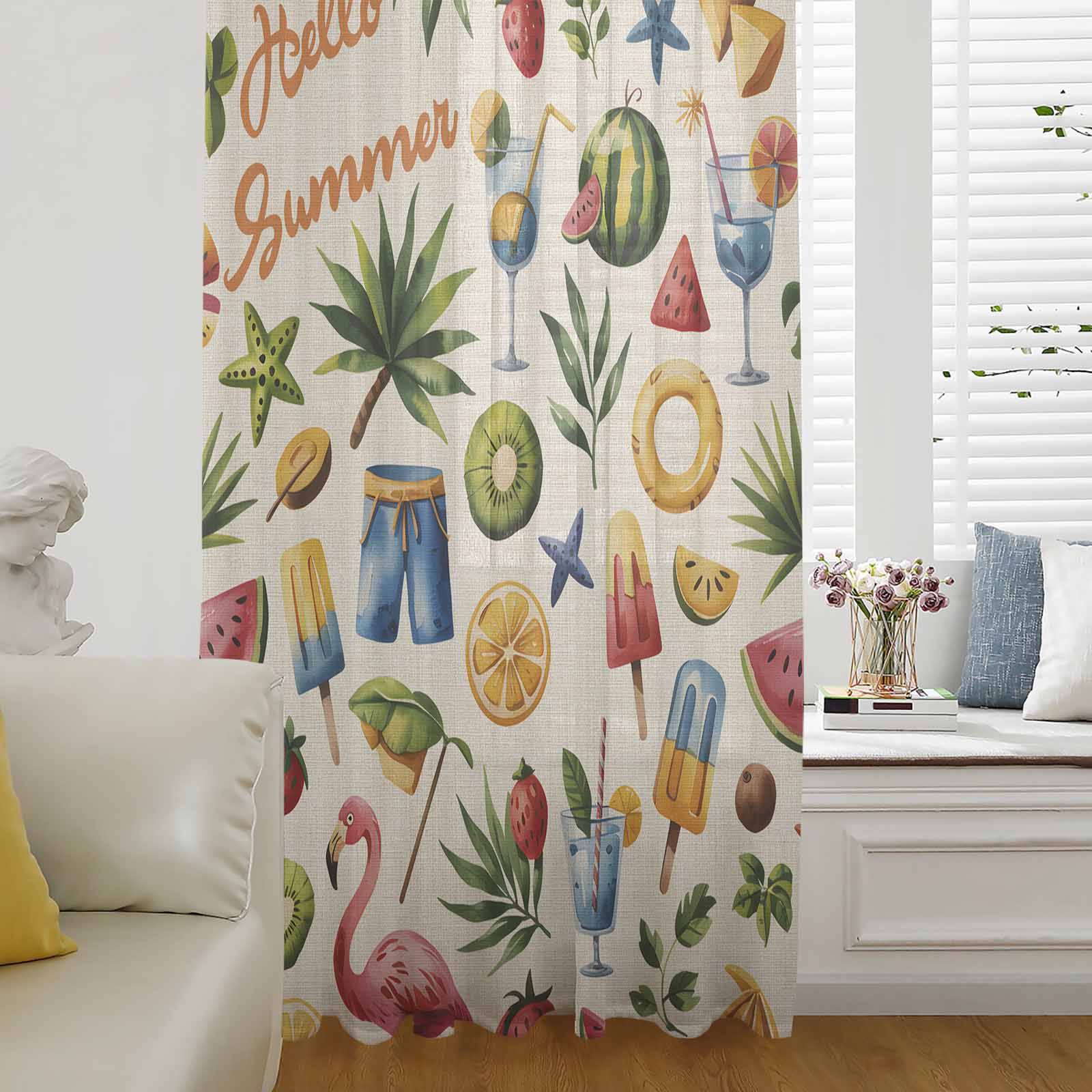 Hello Summer Window Curtain 84 Inches Long,Tropical Flamingo Coconut ...