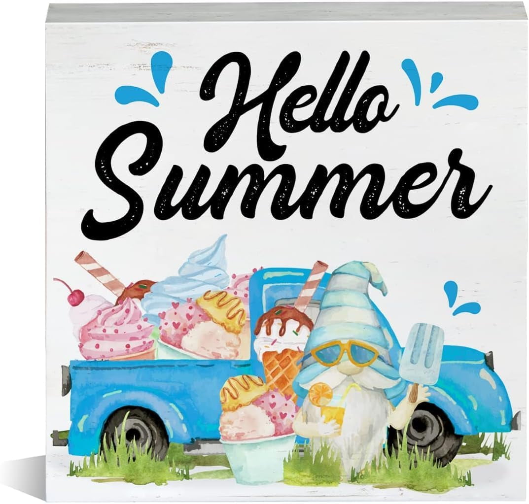 Hello Summer Wooden Box Sign Ice Cream Gnome Wood Block Tabletop Sign ...