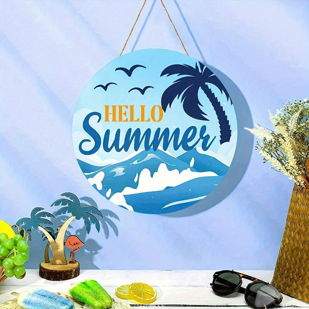 Hello Summer Wooden Hanging Sign - Classic Style Ocean Wave Coconut ...