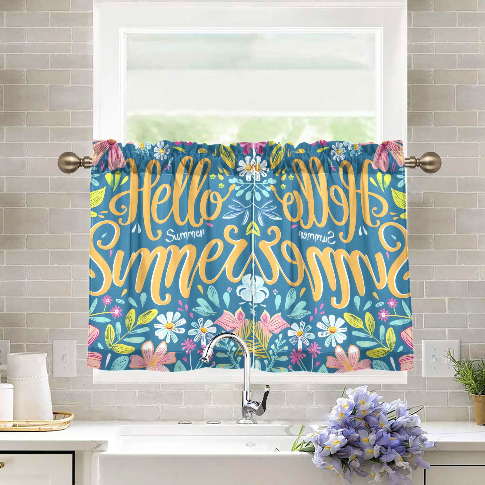 Hello Summer with Flowers Kitchen Curtains Half Tier Curtain 2 Rod ...