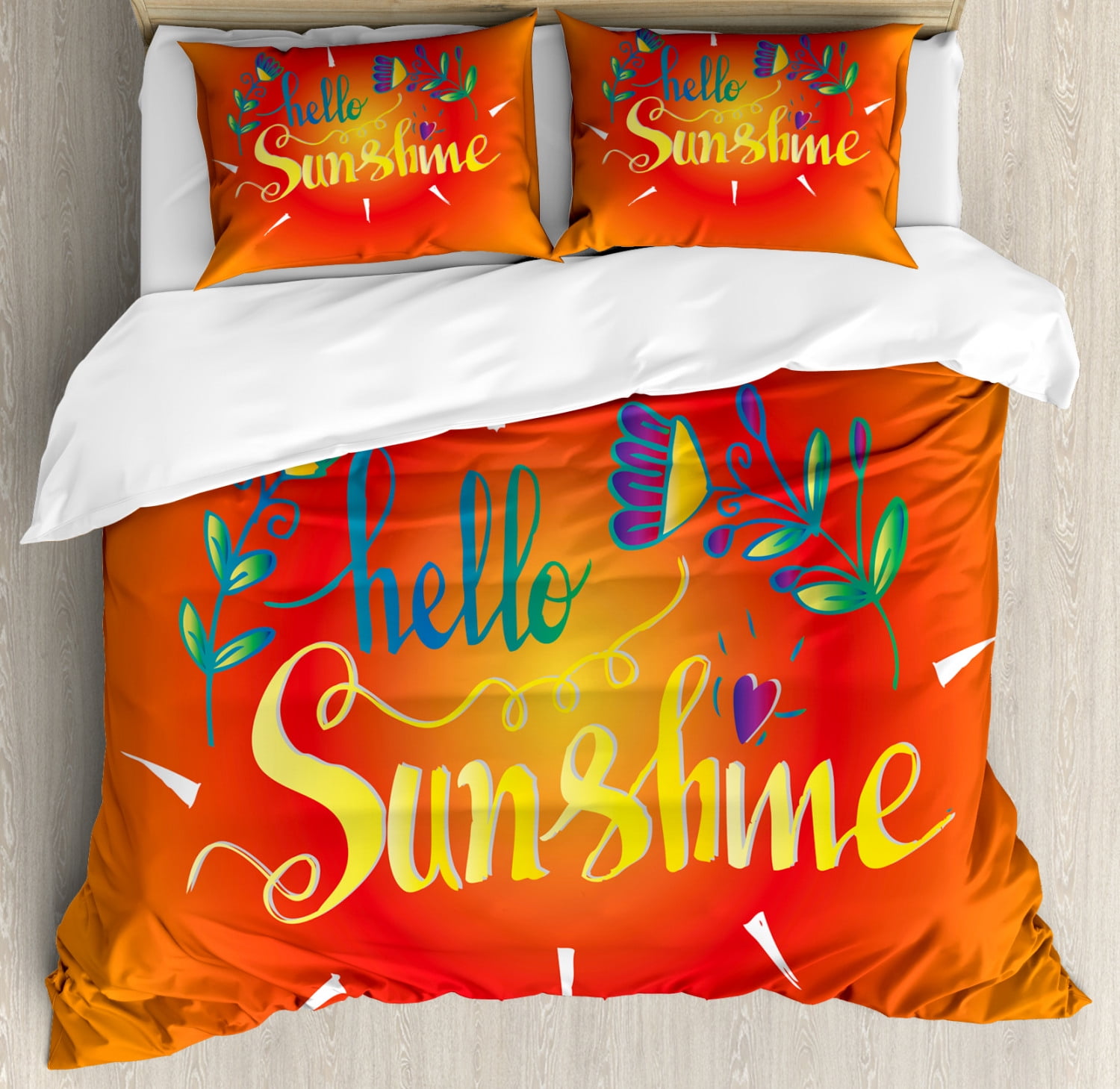 Hello Sunshine Duvet Cover Set Queen Size, Colorful Composition with ...