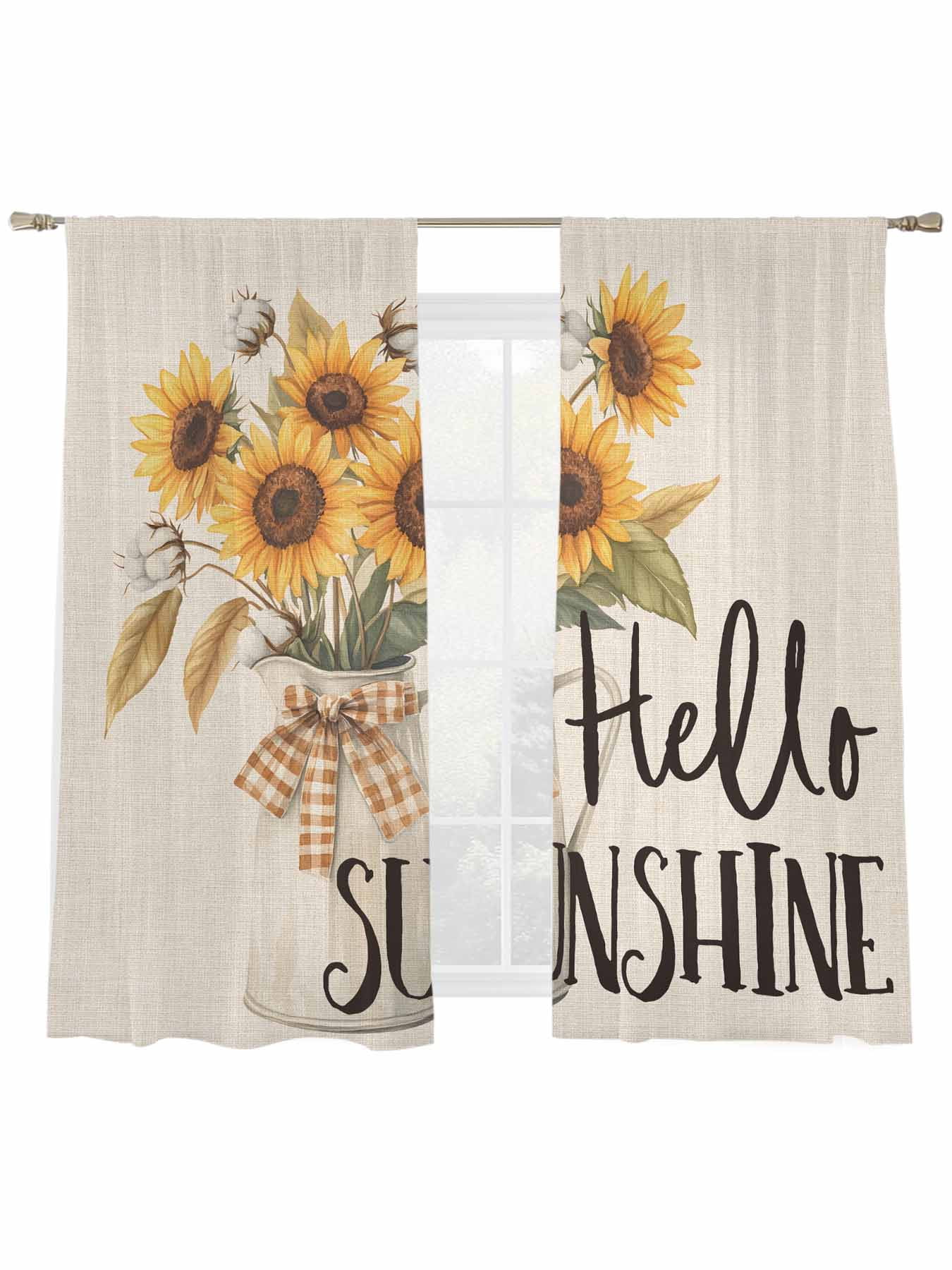 Hello Sunshine Sheer Curtains 2 Panels Set Yellow Sunflower Linen ...