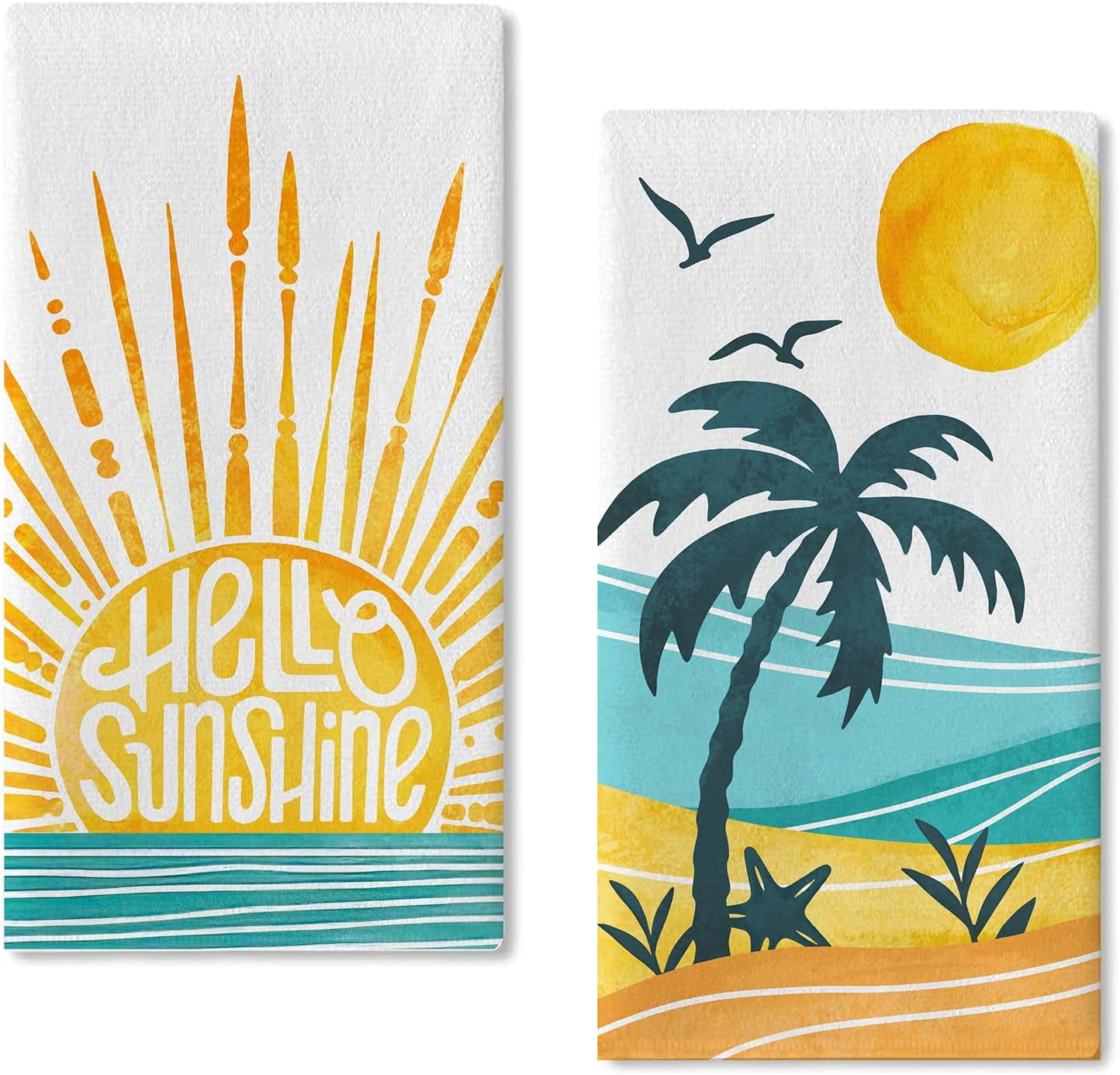 Hello Sunshine Summer Sun Kitchen Dish Towels Set of 2, Spring Tropical ...