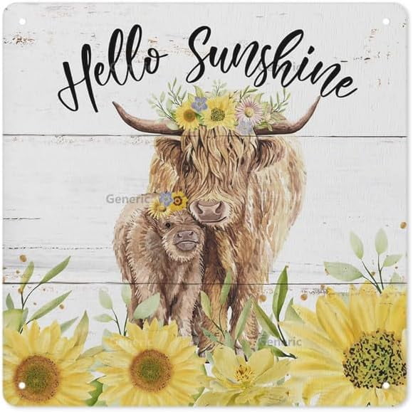 Hello Sunshine Summer Sunflower Highland Cow Sign Decor,Rustic Summer ...