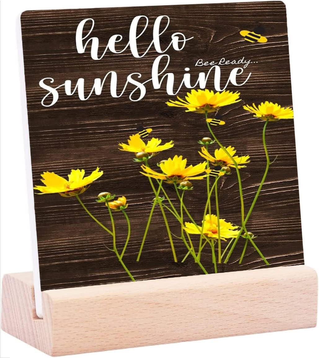 Hello Sunshine Sunflower Ceramic Table Plaque Inspiration Positive Desk ...