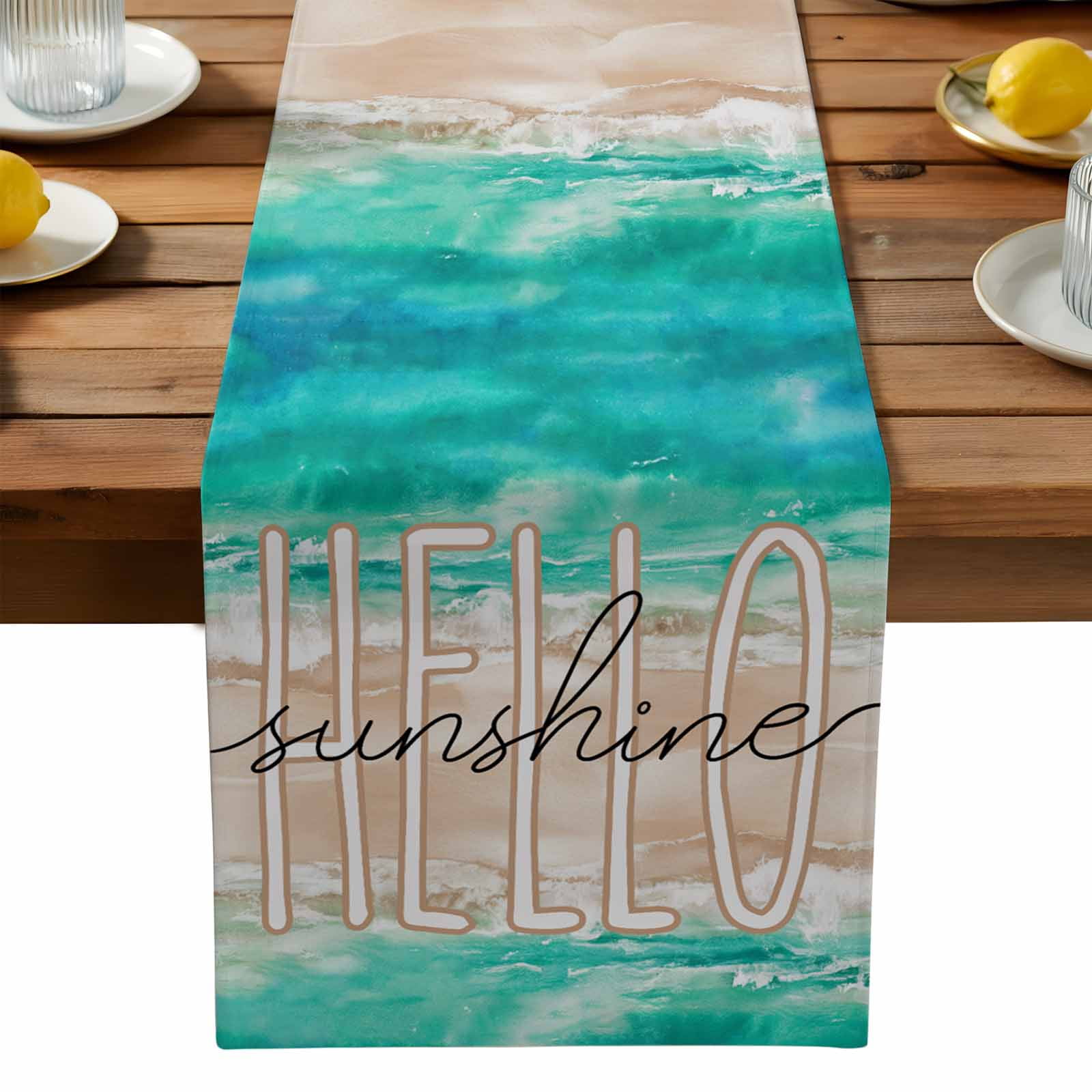 Hello Sunshine Table Runner, Coastal Beach Ocean Cotton Linen ...
