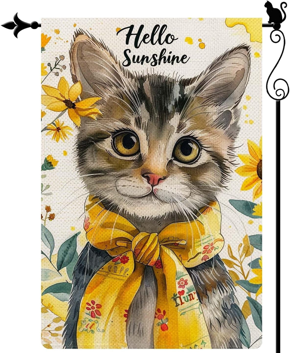 Hello Sunshine Watercolor Cute cat Sunflowers Spring Garden Flag ...