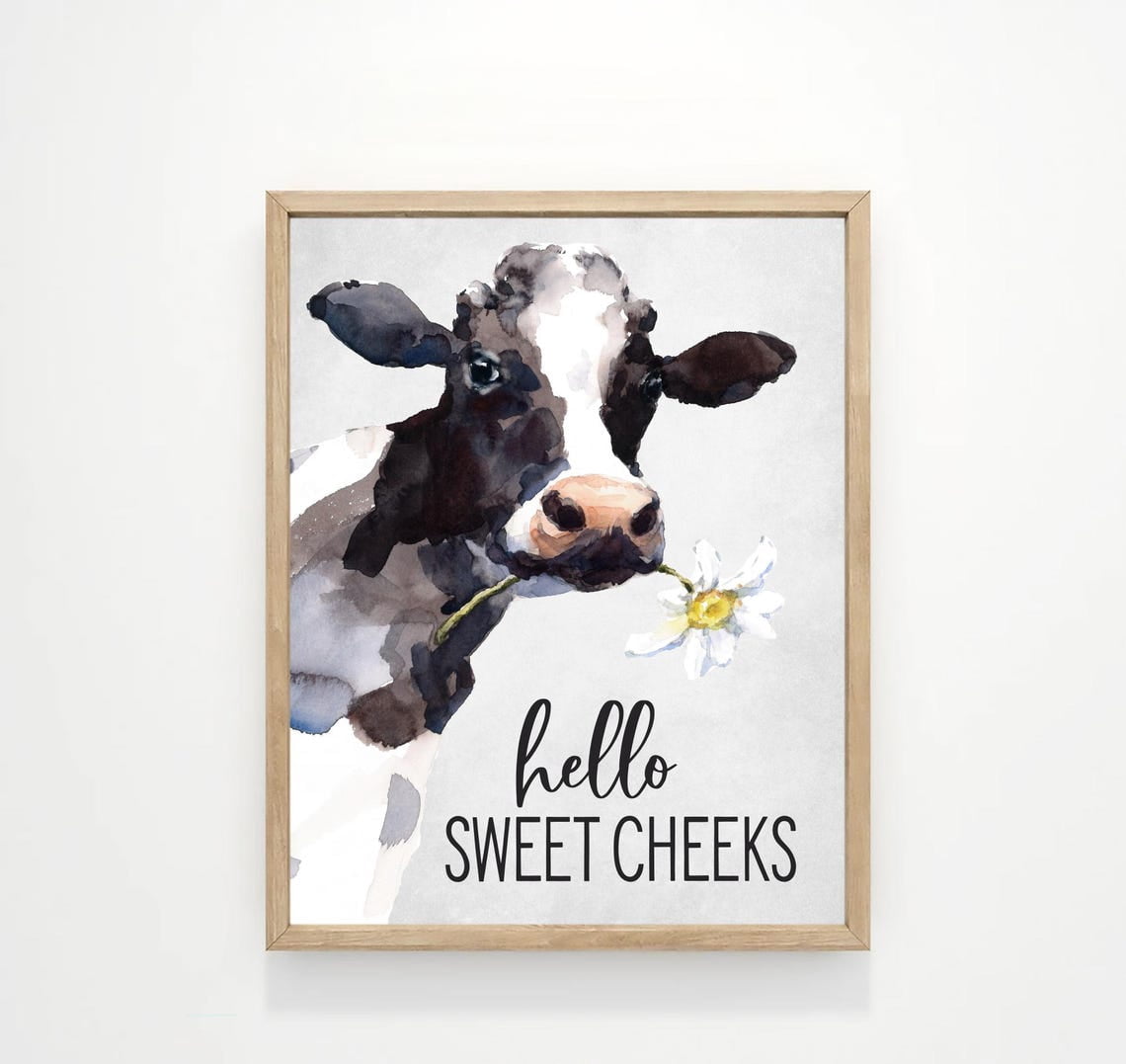 Hello Sweet Cheeks Cow Daisy Bathroom Wall Art, Modern Farmhouse ...