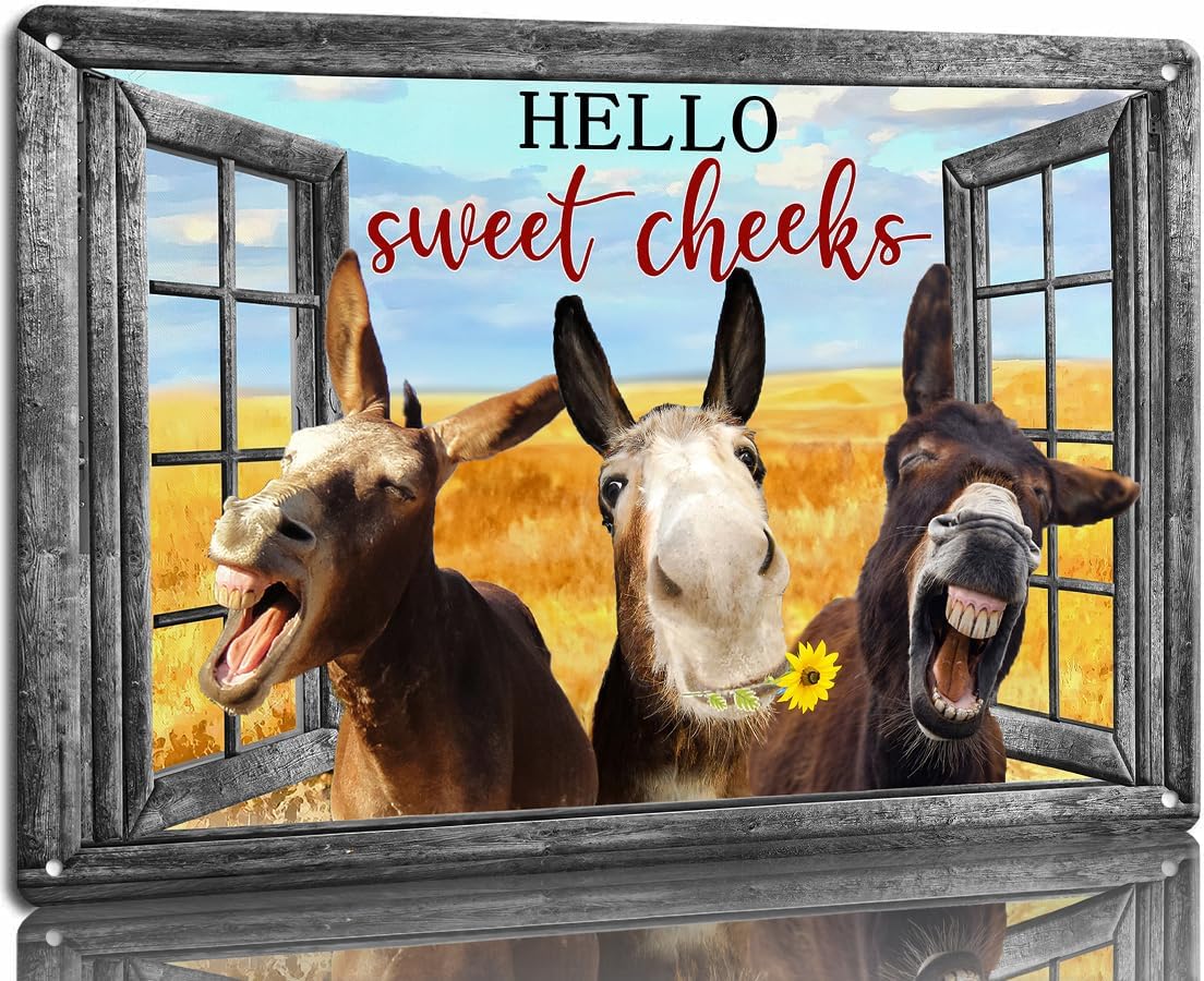 Hello Sweet Cheeks Funny Donkey Sunflower Bathroom Metal Tin Sign 8x12 ...