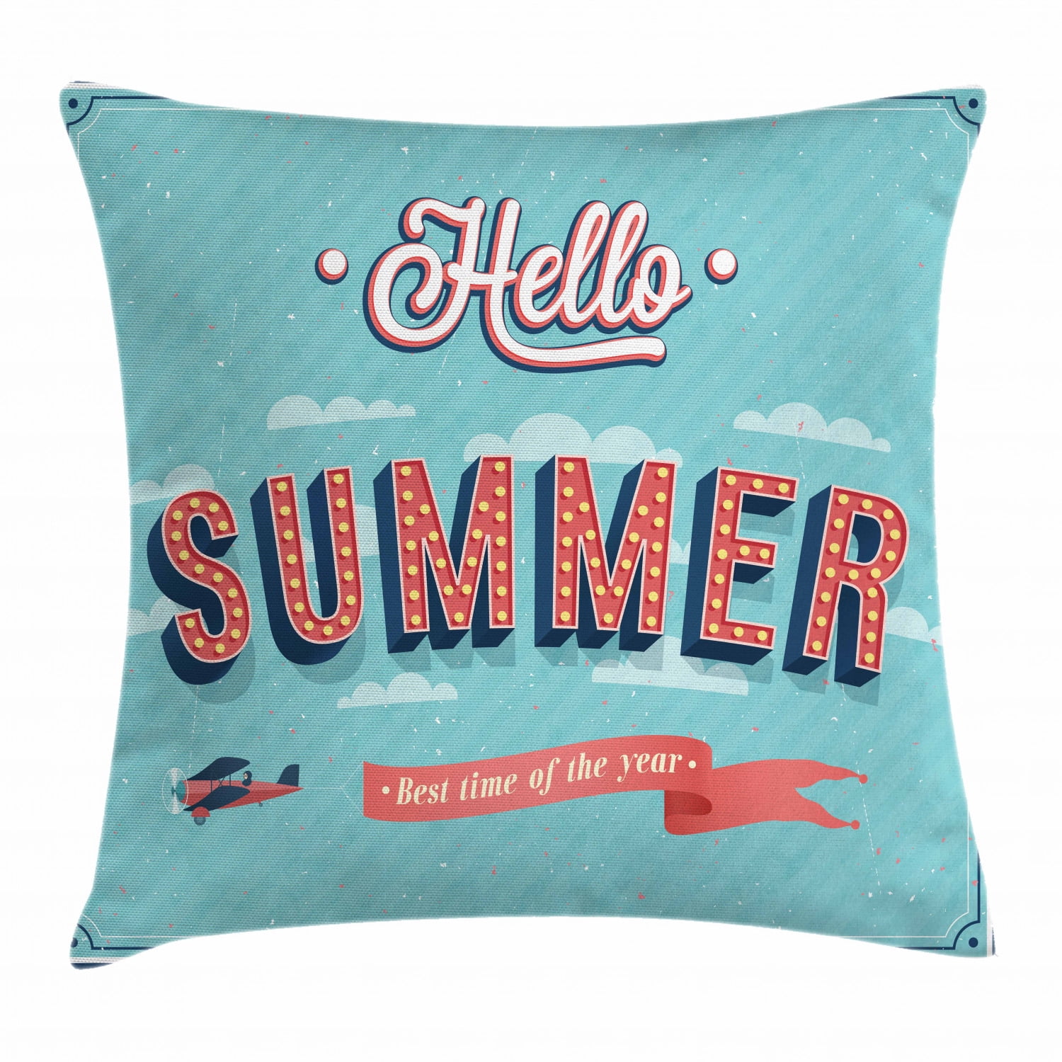 Hello Throw Pillow Cushion Cover, Vintage Style Summer Inspired Quote ...