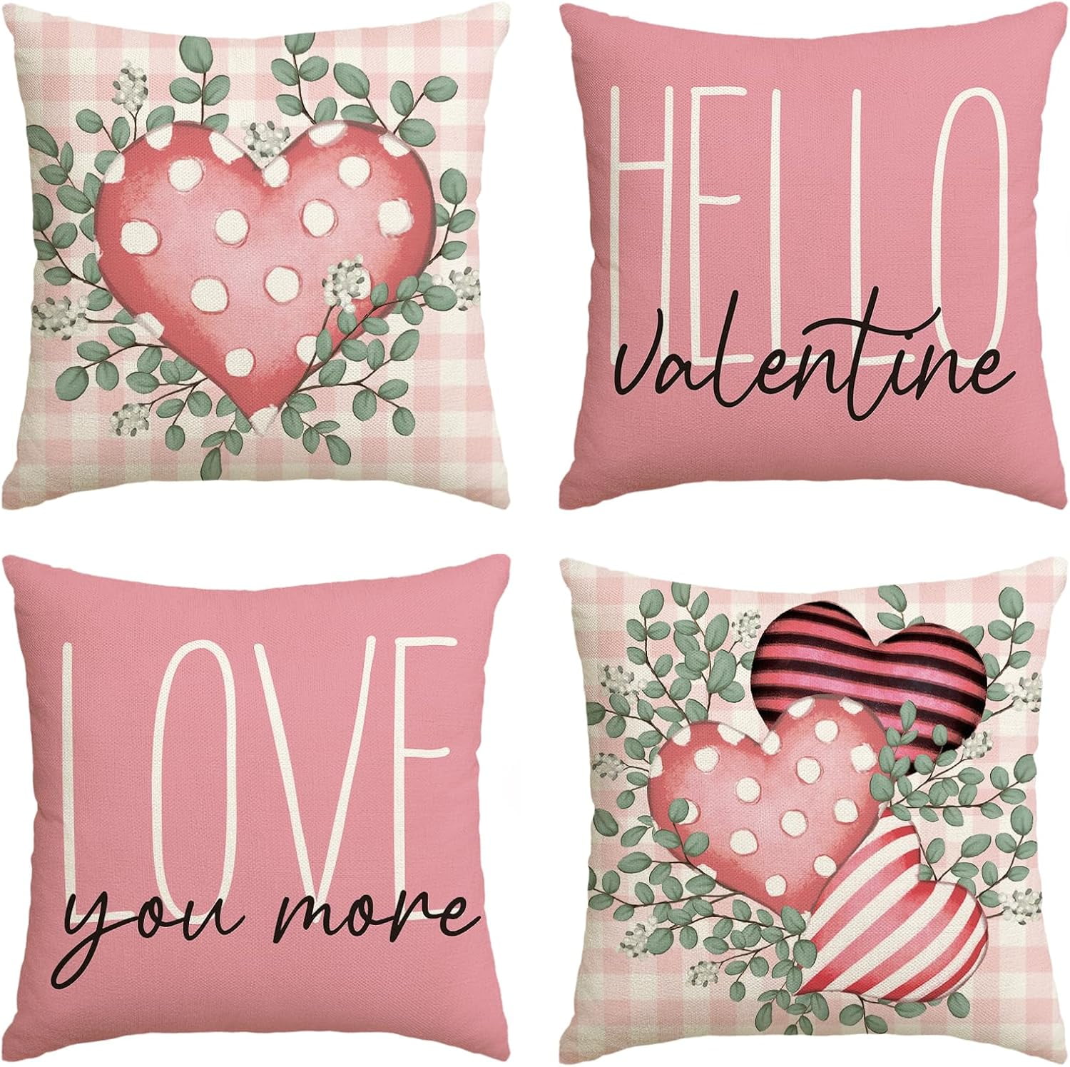 Hello Valentine Love You More Eucalyptus Leaves Pink Throw Pillow ...