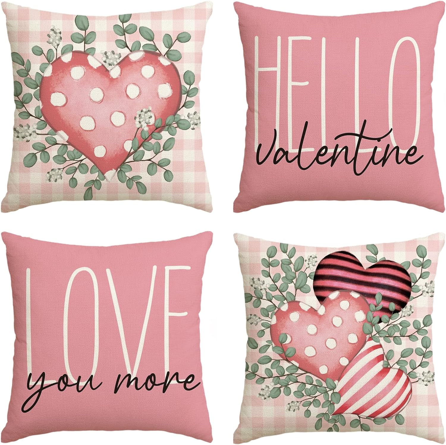 Hello Valentine Love You More Eucalyptus Leaves Pink Throw Pillow ...