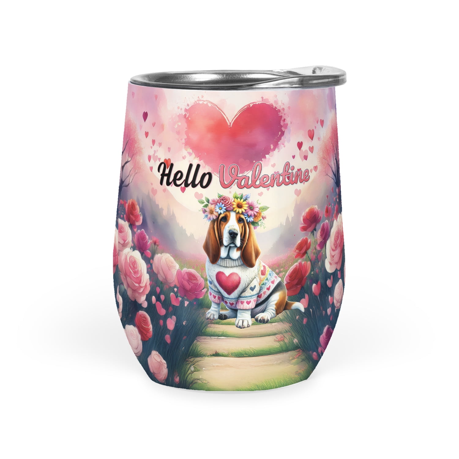 Hello Valentine’s Day Basset Hound Flower Crown Romantic Pink Floral ...
