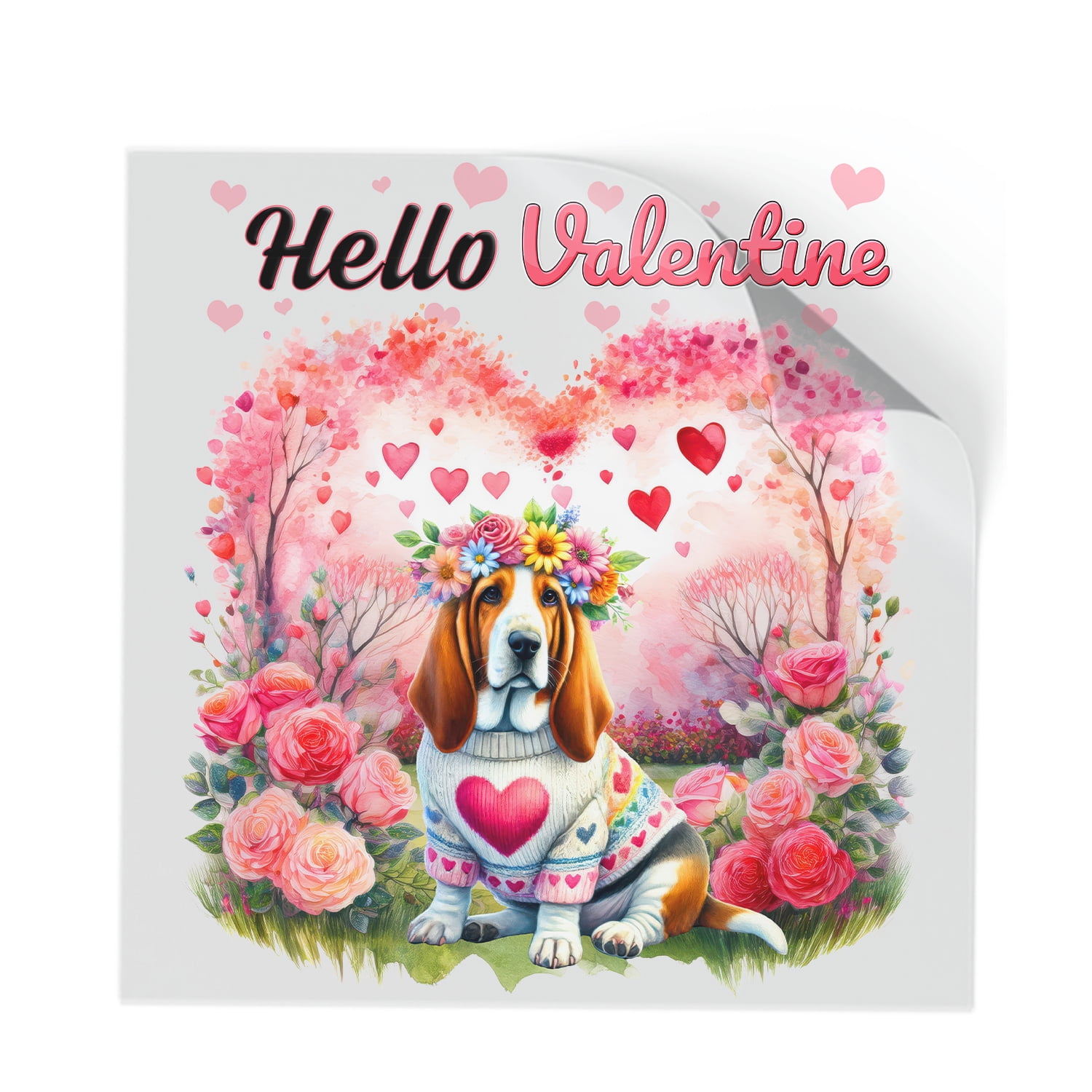 Hello Valentine’s Day Basset Hound Flower Crown Romantic Pink Floral ...