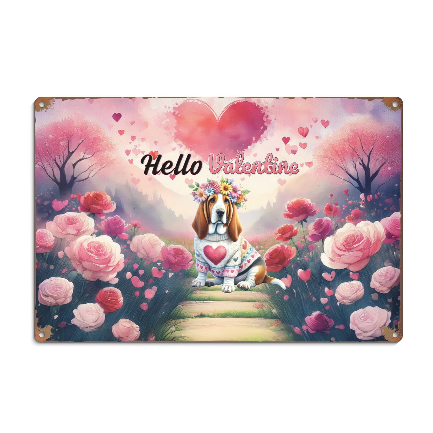 Hello Valentine’s Day Basset Hound Flower Crown Romantic Pink Floral ...