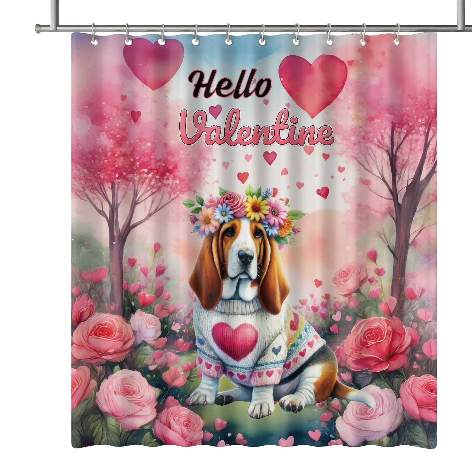 Hello Valentine’s Day Basset Hound Flower Crown Romantic Pink Floral ...
