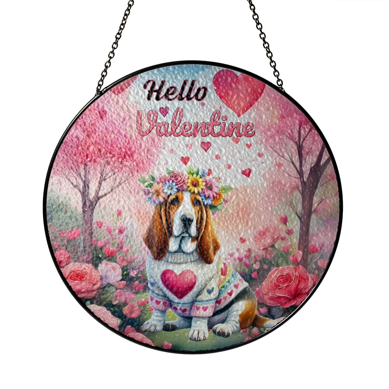 Hello Valentine’s Day Basset Hound Flower Crown Romantic Pink Floral ...