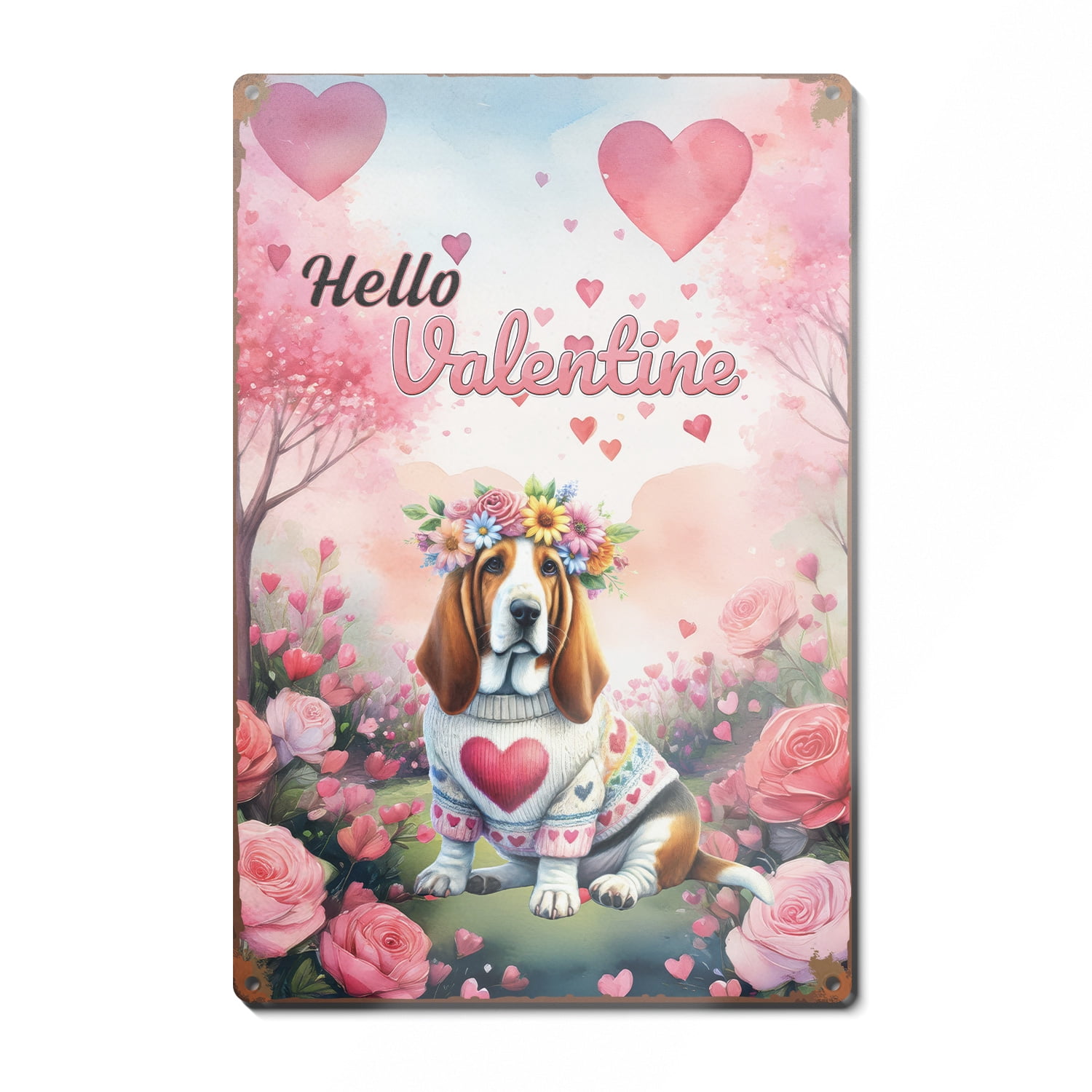 Hello Valentine’s Day Basset Hound Flower Crown Romantic Pink Floral ...