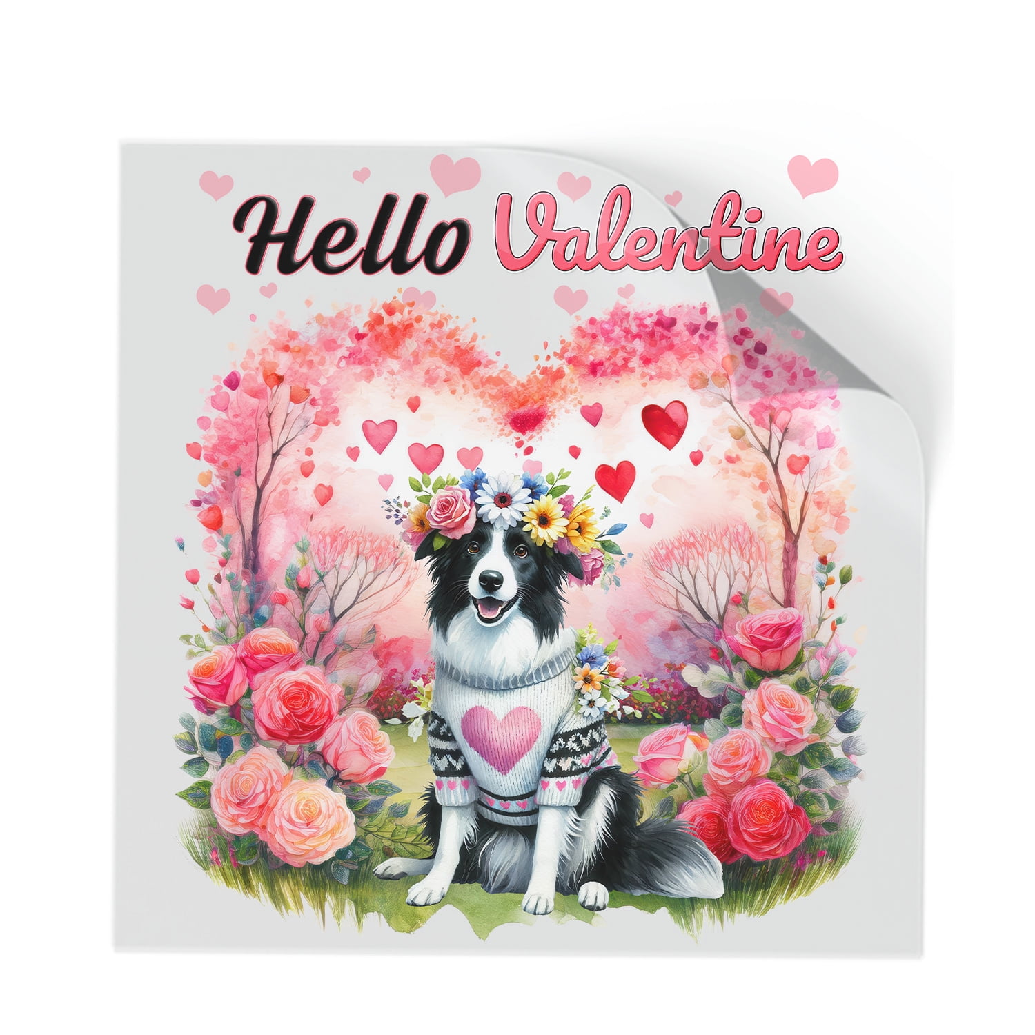 Hello Valentine’s Day Border Collie Flower Crown Romantic Pink Floral ...