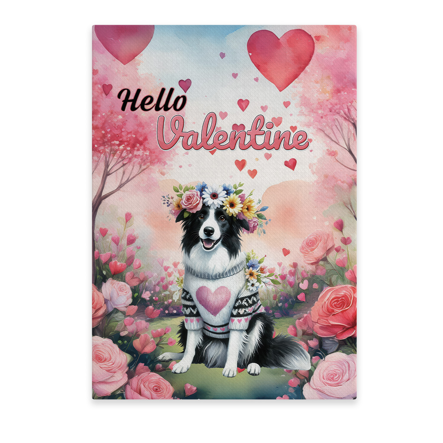 Hello Valentine’s Day Border Collie Flower Crown Romantic Pink Floral ...
