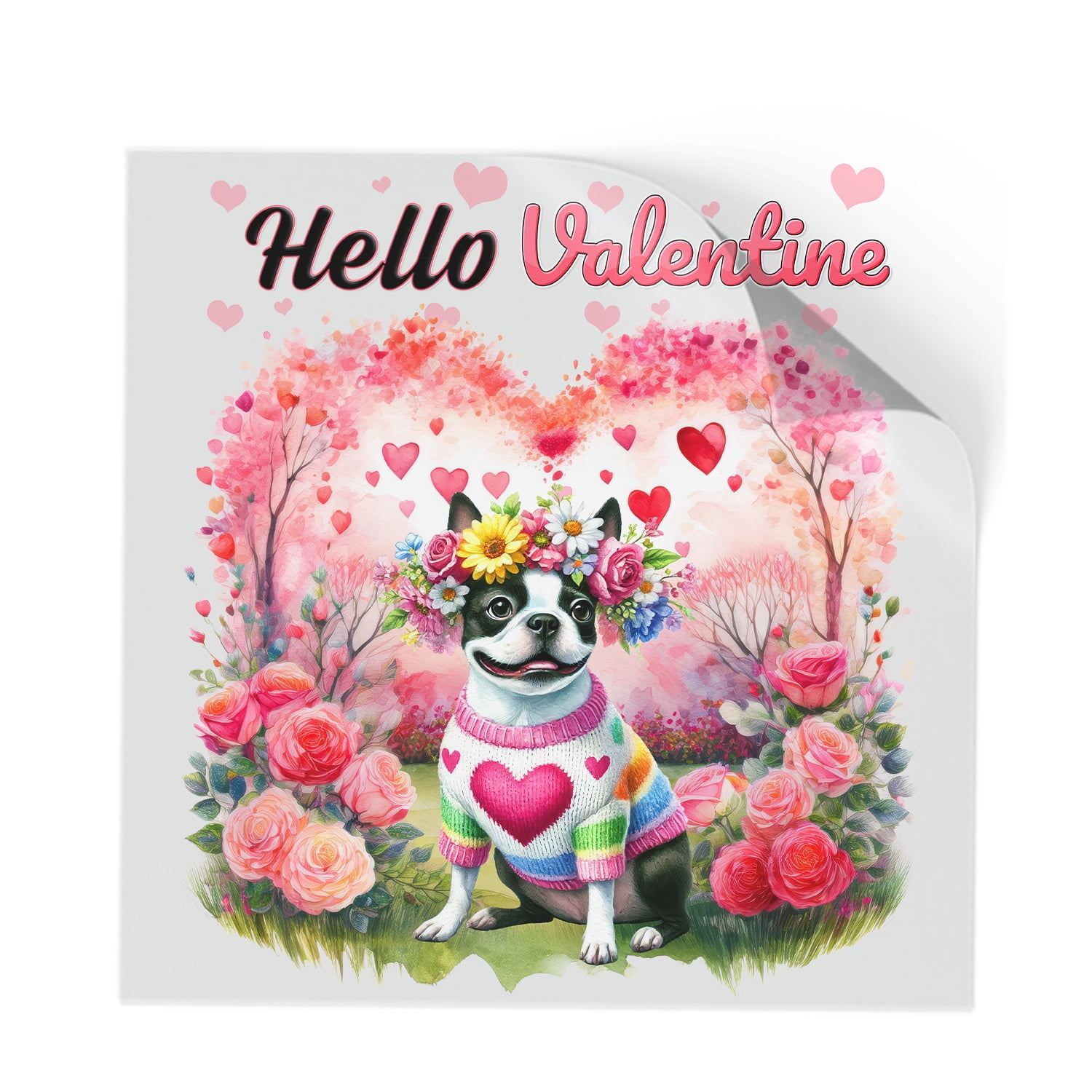 Hello Valentine’s Day Boston Terrier Flower Crown Romantic Pink Floral ...