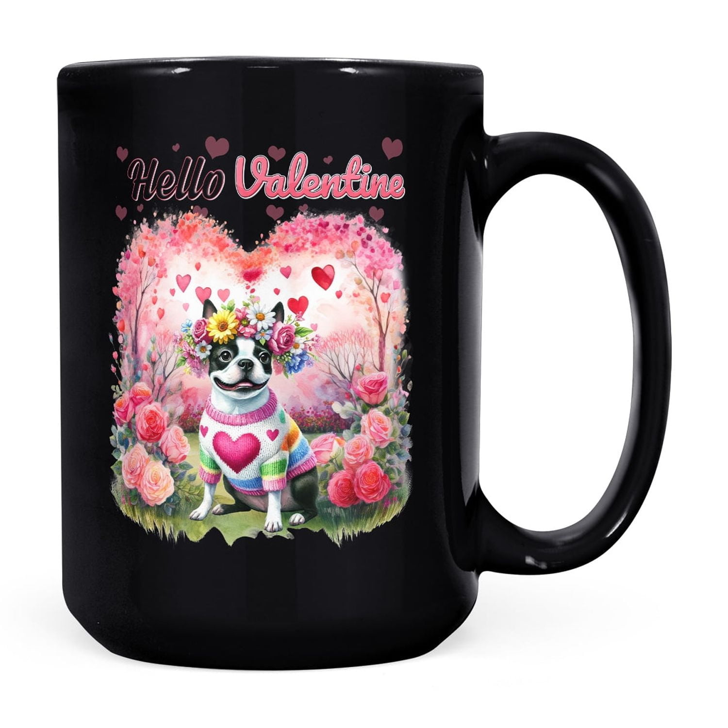 Hello Valentine’s Day Boston Terrier Flower Crown Romantic Pink Floral ...