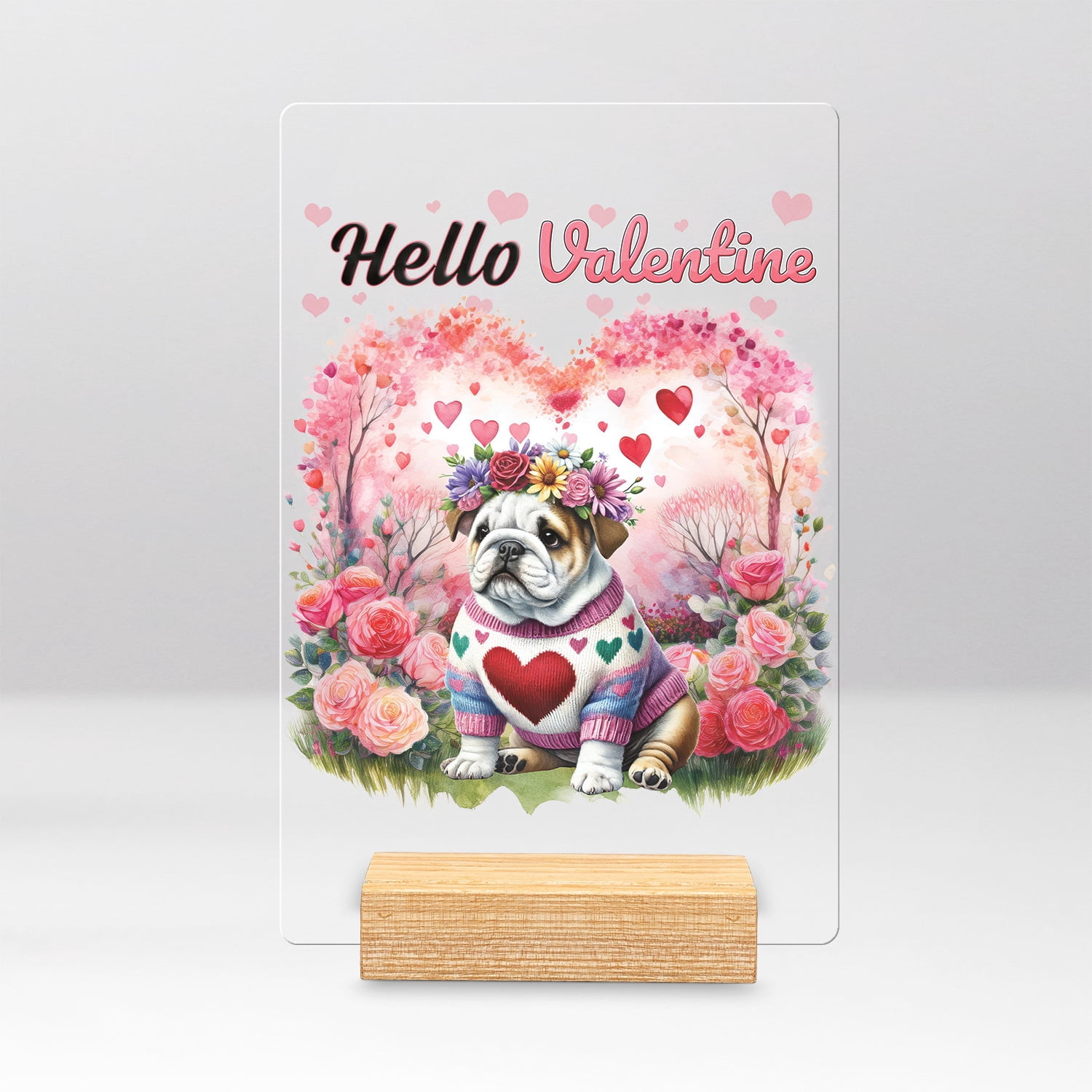 Hello Valentine’s Day Bulldog Flower Crown Romantic Pink Floral Acrylic ...