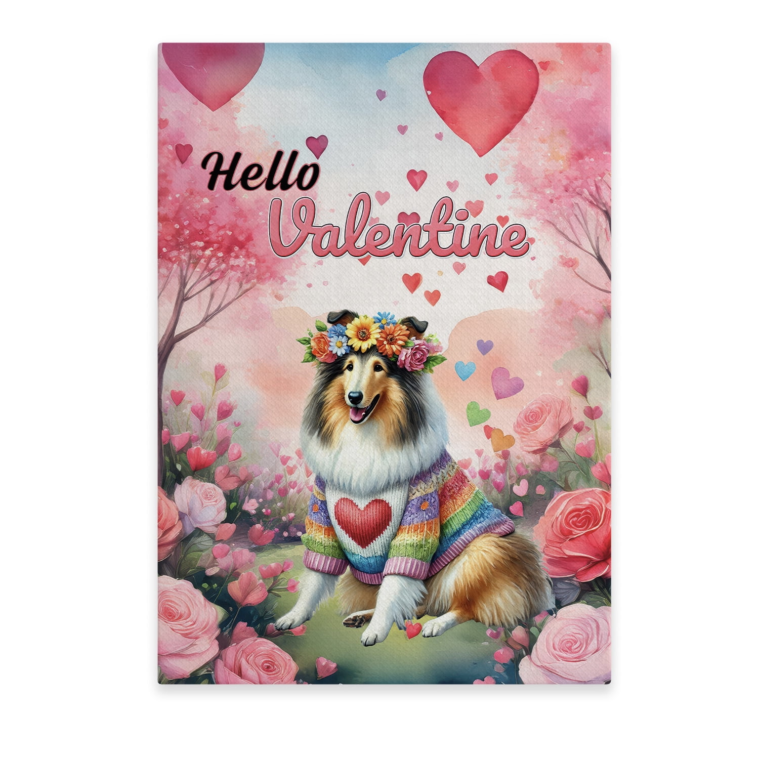 Hello Valentine’s Day Collie Flower Crown Romantic Pink Floral Vertical ...