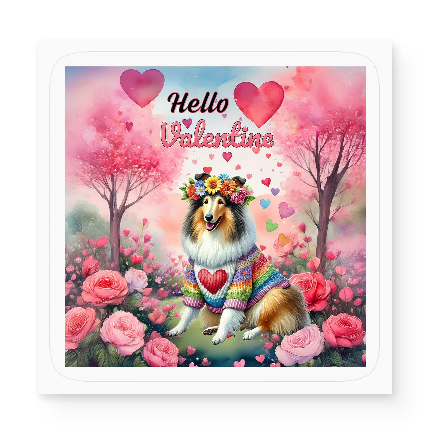 Hello Valentine’s Day Collie Flower Crown Romantic Pink Floral Vinyl ...