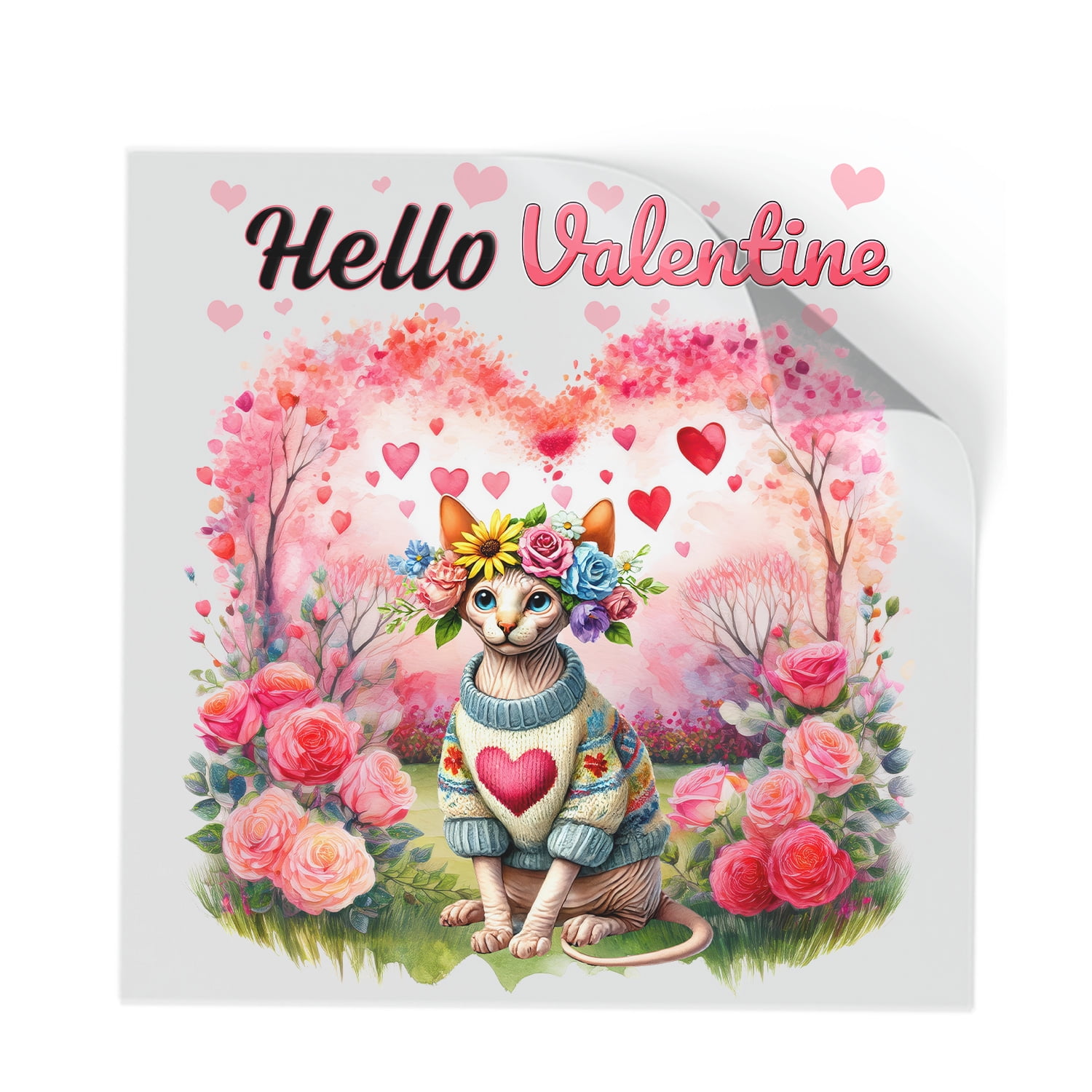 Hello Valentine’s Day Sphynx Flower Crown Romantic Pink Floral Cutout ...