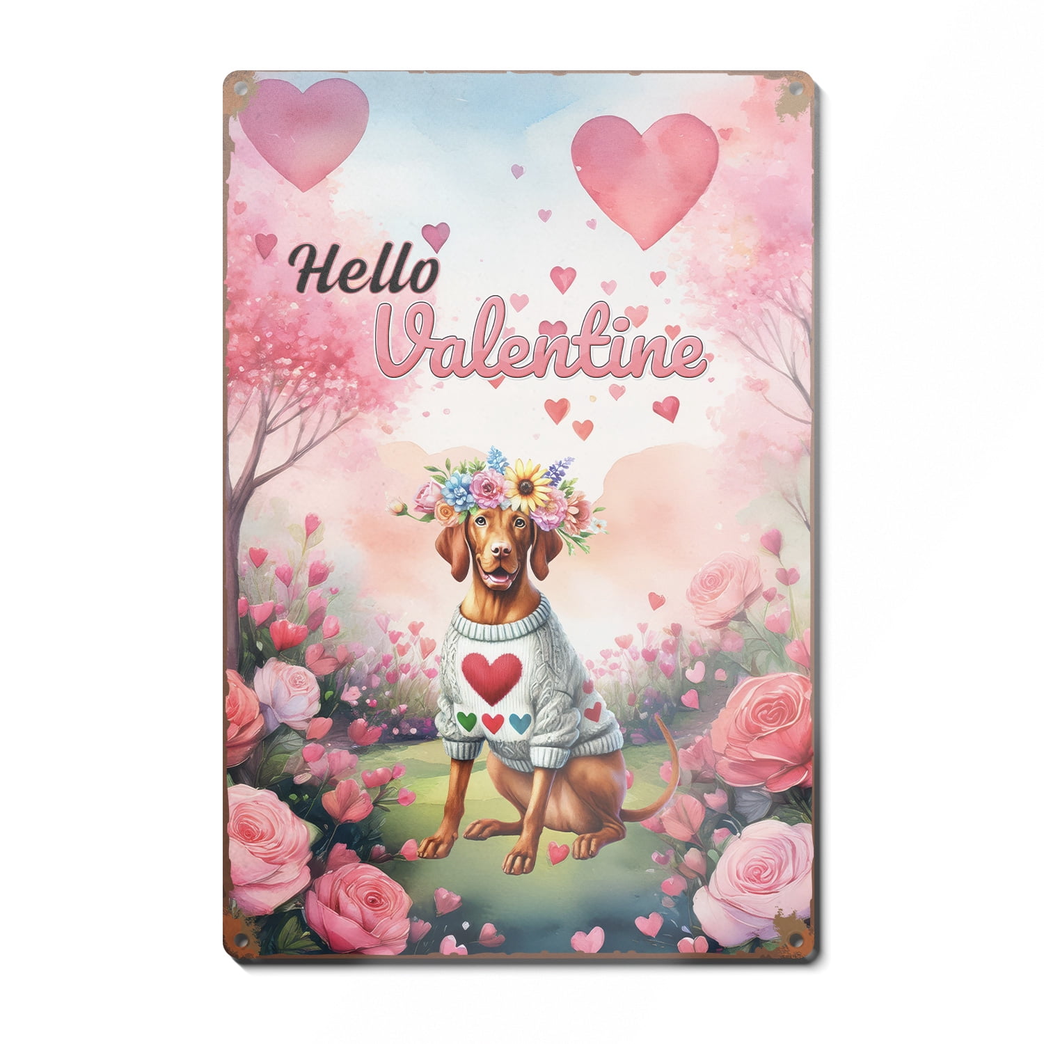 Hello Valentine’s Day Vizsla Flower Crown Romantic Pink Floral Vertical ...