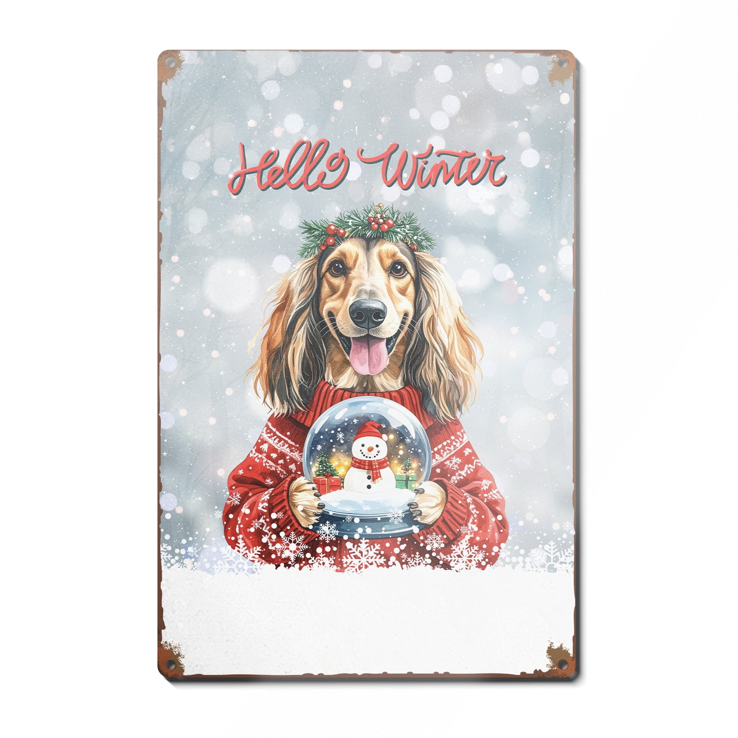 Hello Welcome Winter Afghan Hound Holding Snow Globe Snowman Vertical ...