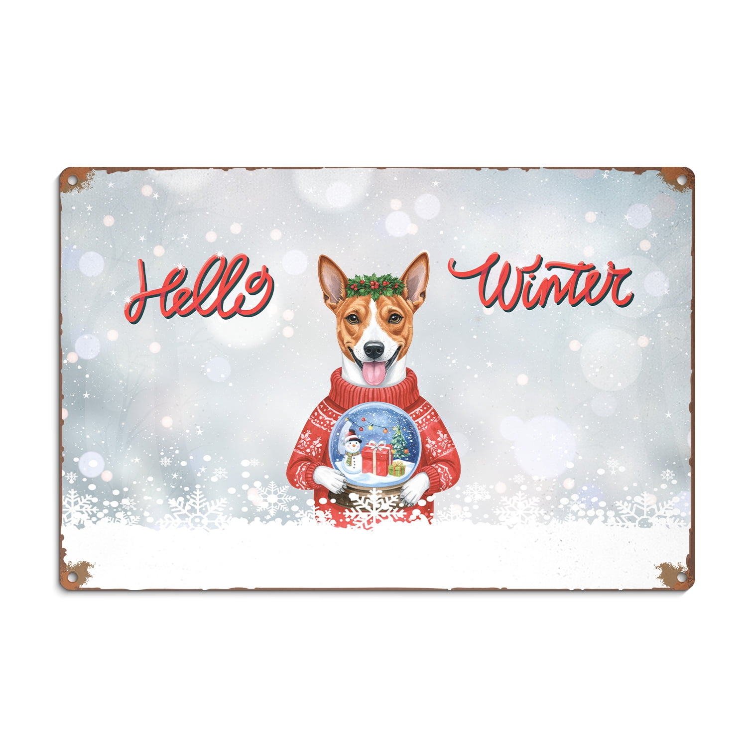 Hello Welcome Winter Basenji Holding Snow Globe Snowman Horizontal ...