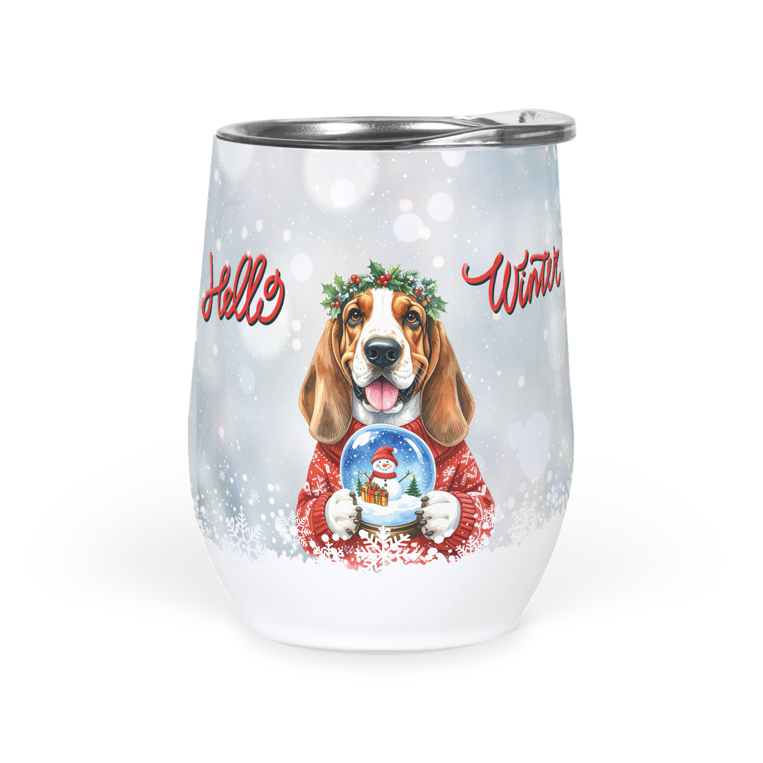 Hello Welcome Winter Basset Hound Holding Snow Globe Snowman 12oz ...