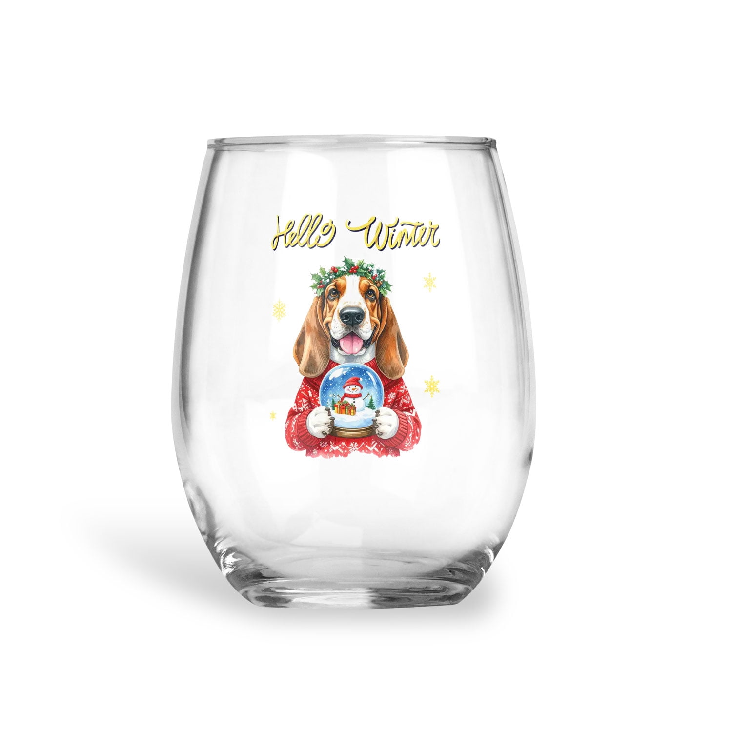 Hello Welcome Winter Basset Hound Holding Snow Globe Snowman 15oz ...