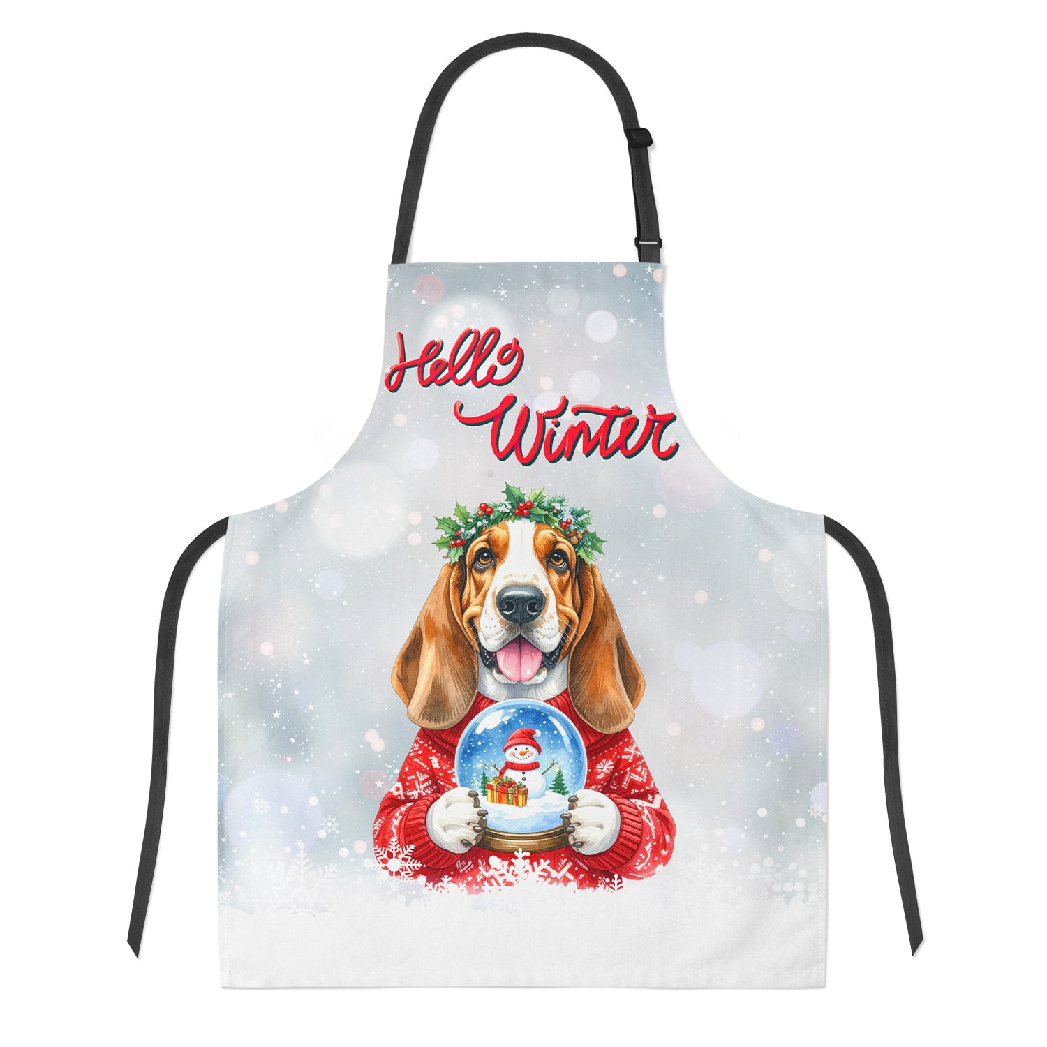 Hello Welcome Winter Basset Hound Holding Snow Globe Snowman Apron ...