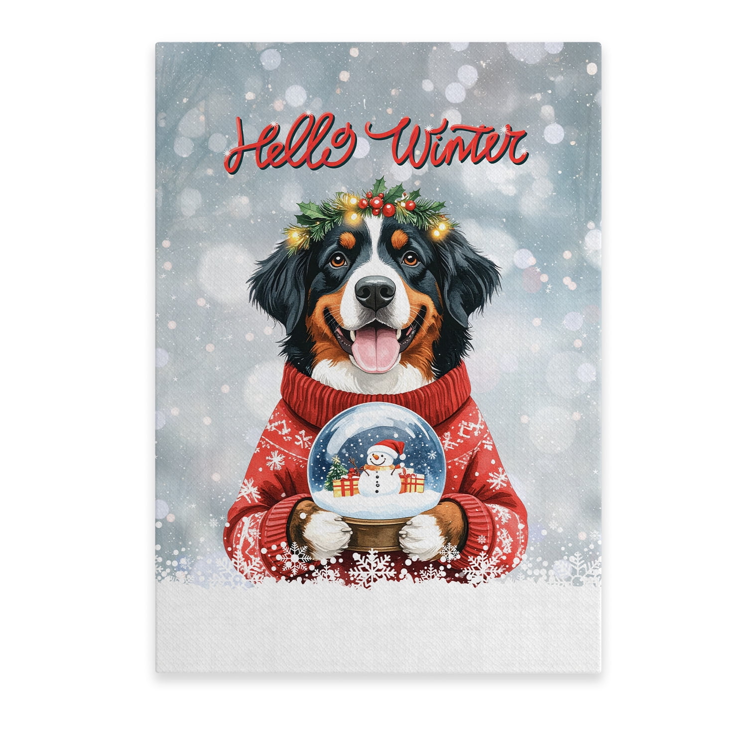 Hello Welcome Winter Bernese Mountain Dog Holding Snow Globe Snowman ...