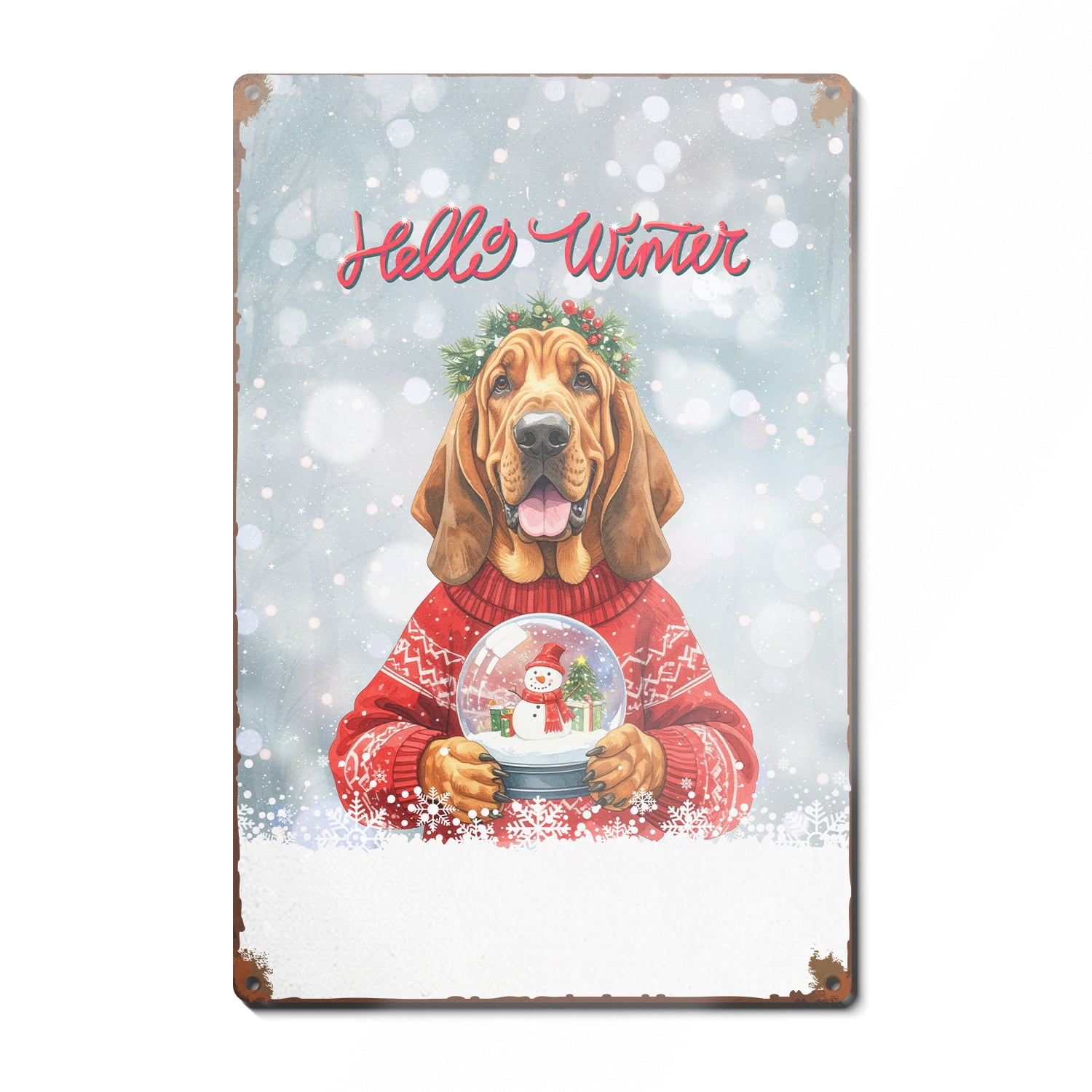 Hello Welcome Winter Bloodhound Holding Snow Globe Snowman Vertical ...